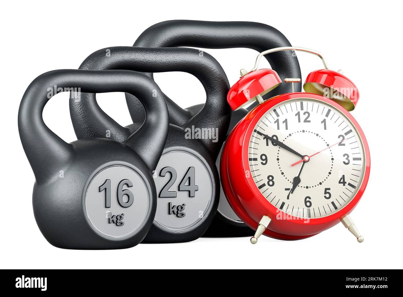 Set of Kettlebells with alarm clock, 3D rendering isolated on white ...