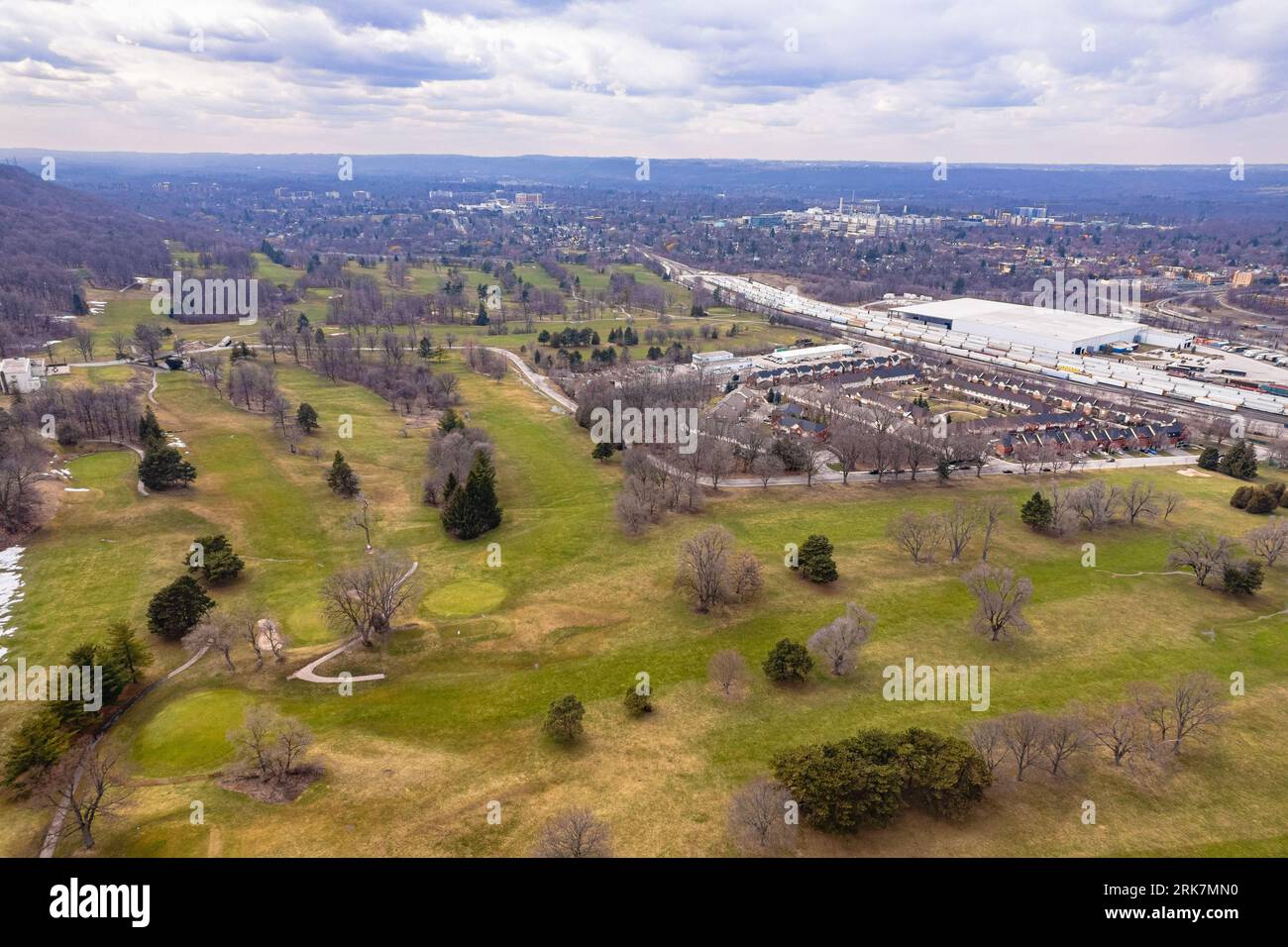 An aerial view of a sprawling industrial complex, with a large ...