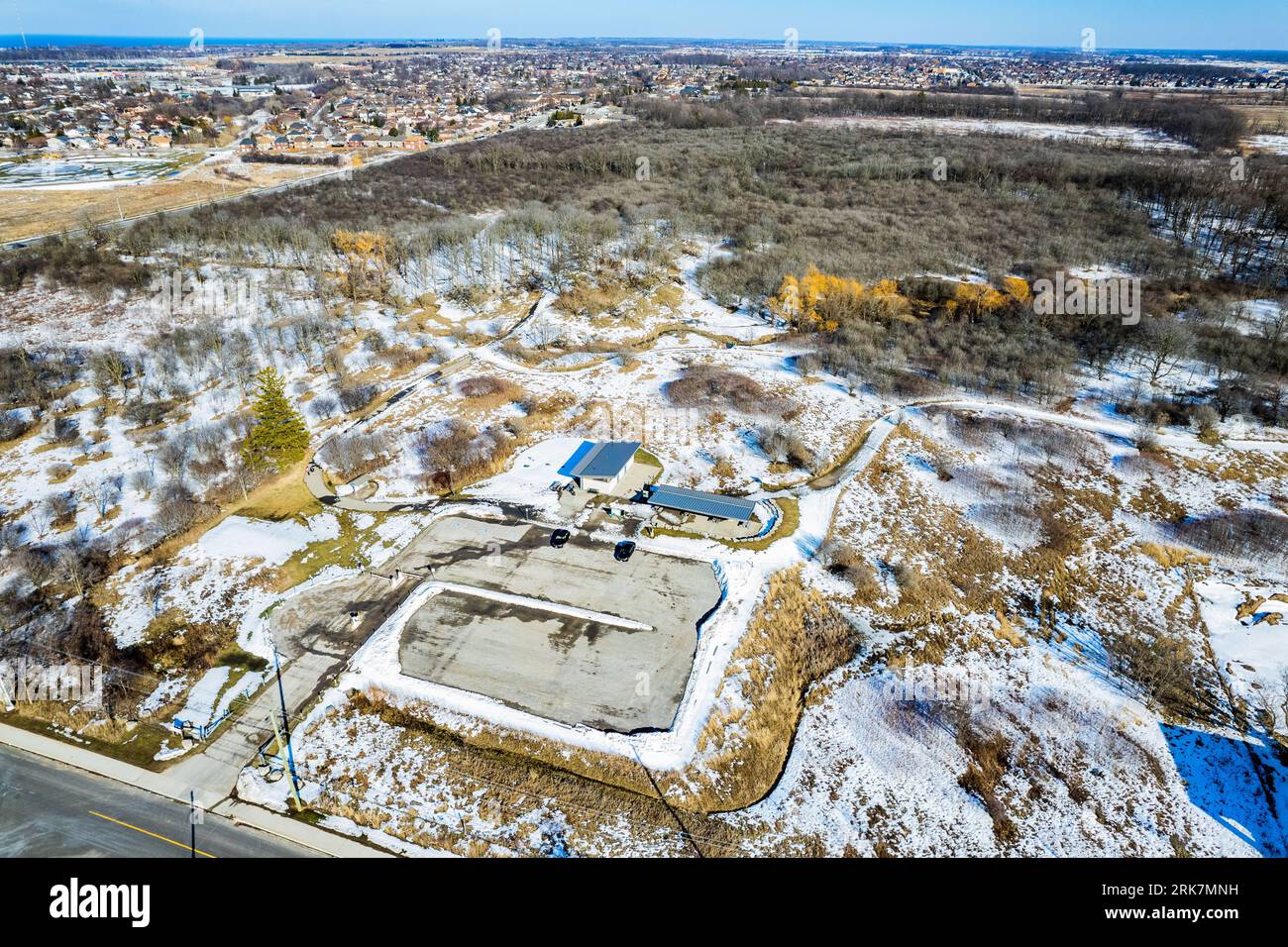 A breathtaking aerial view of a city blanketed in a layer of fresh ...