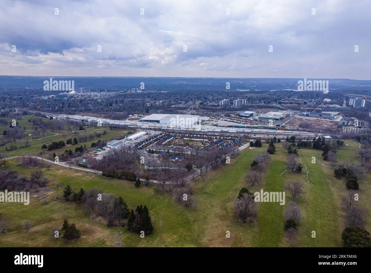 An aerial view of a sprawling industrial complex, with a large ...