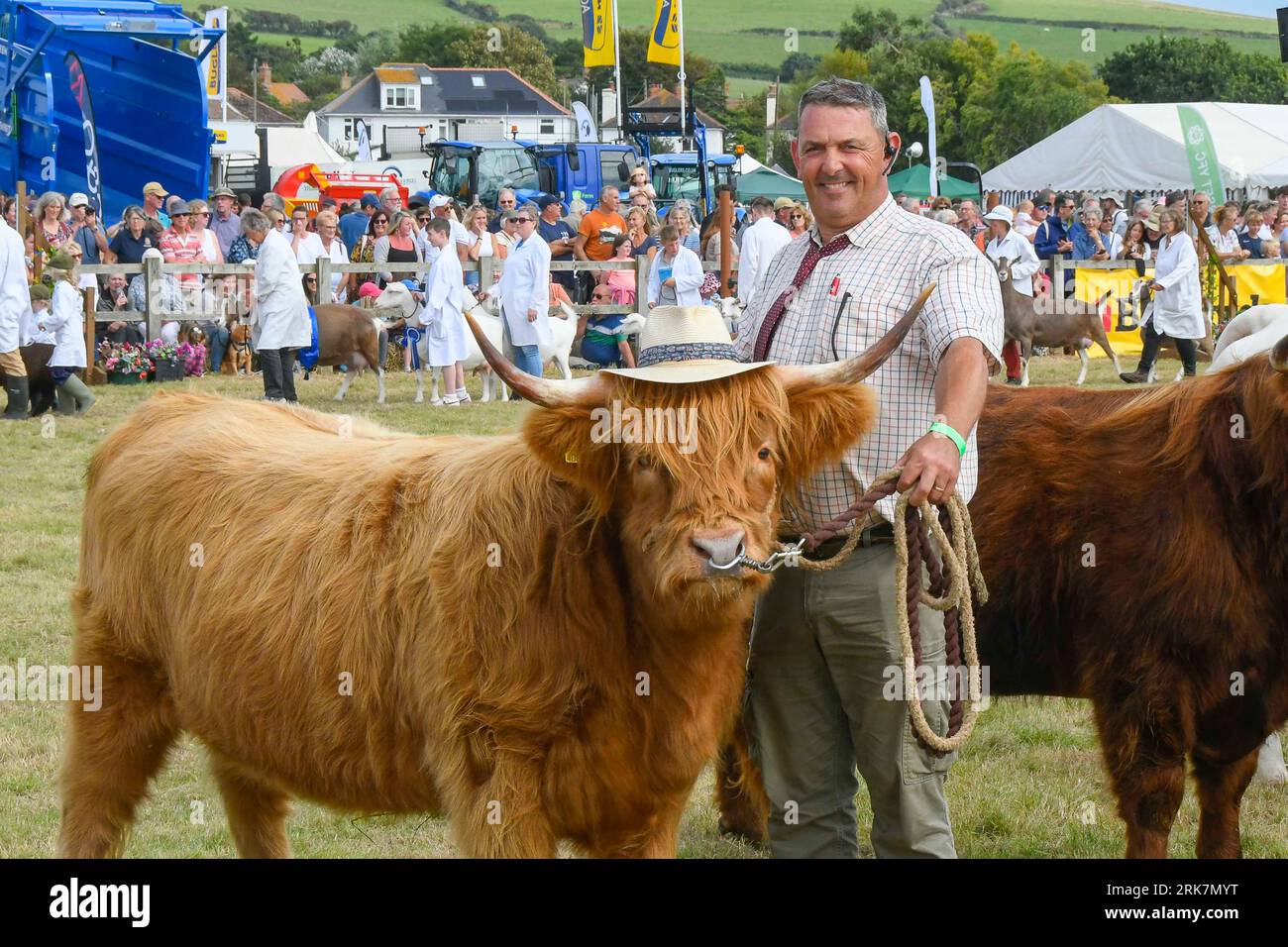 West Bay, Dorset, UK. 24th August 2023. A Highland cow in the Grand ...