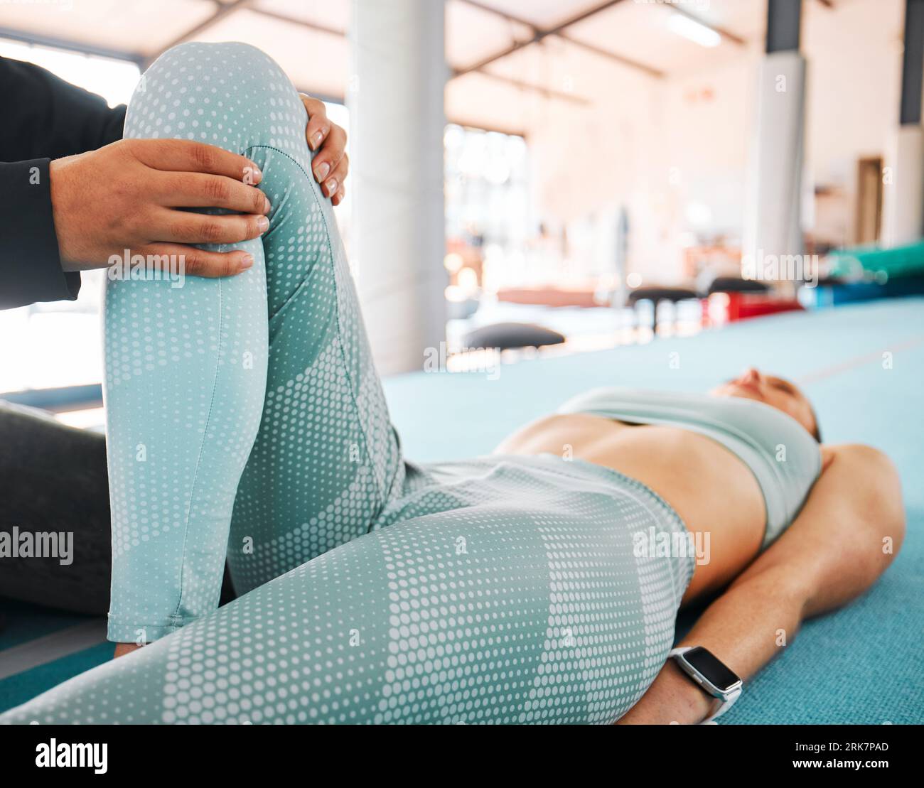 Legs, stretching and fitness, woman and coach with gymnastics, training ...