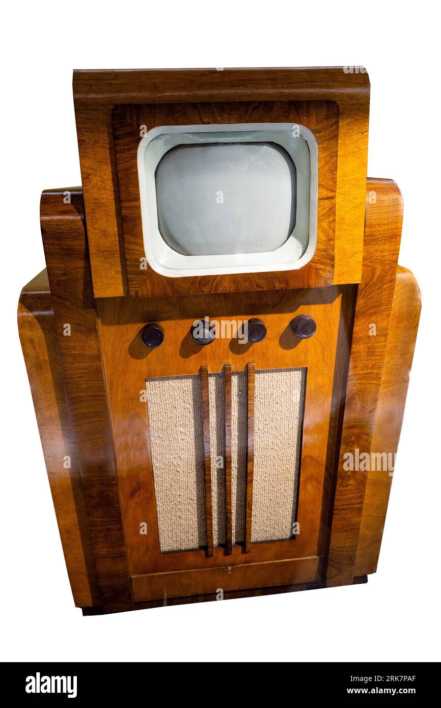 Old TV isolated on white background. Wooden tube first TV cutout ...