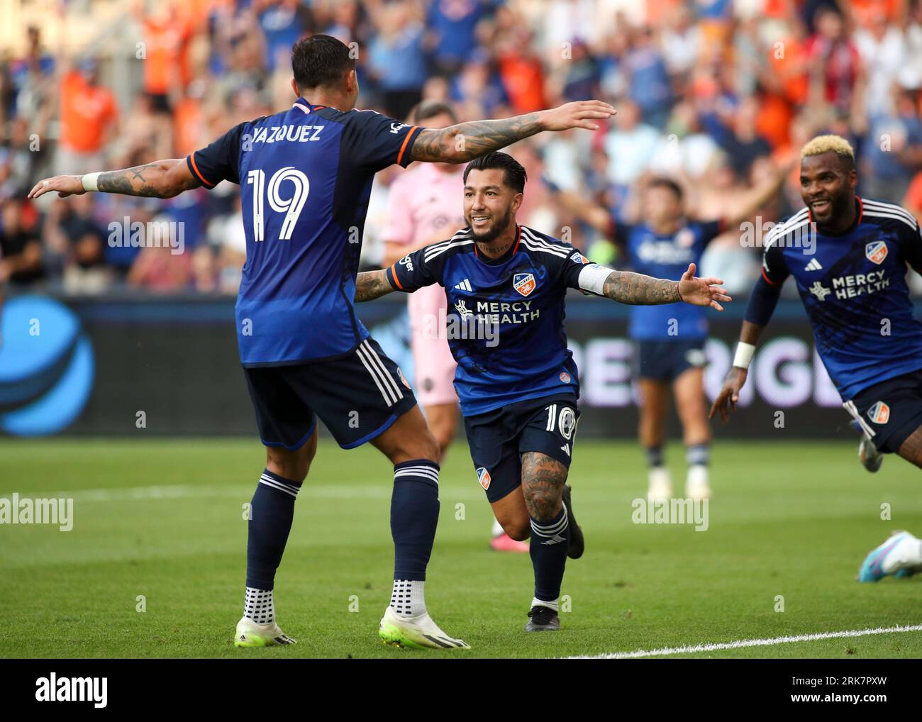 August 23, 2023: FC Cincinnati's Luciano Acosta (center) and Brandon ...