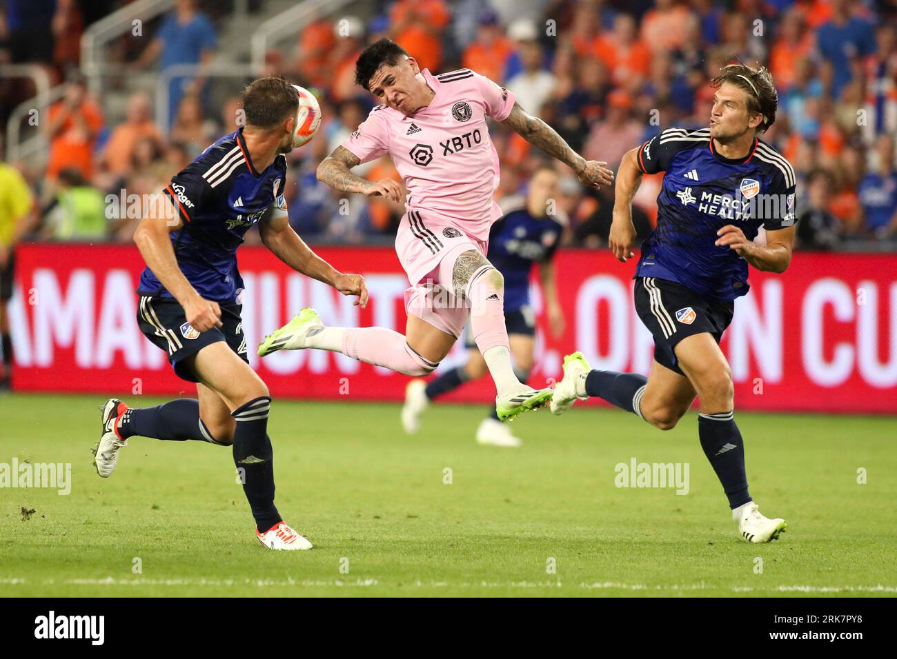 August 23, 2023: Inter Miami CF's Facundo Farias heads the ball between ...