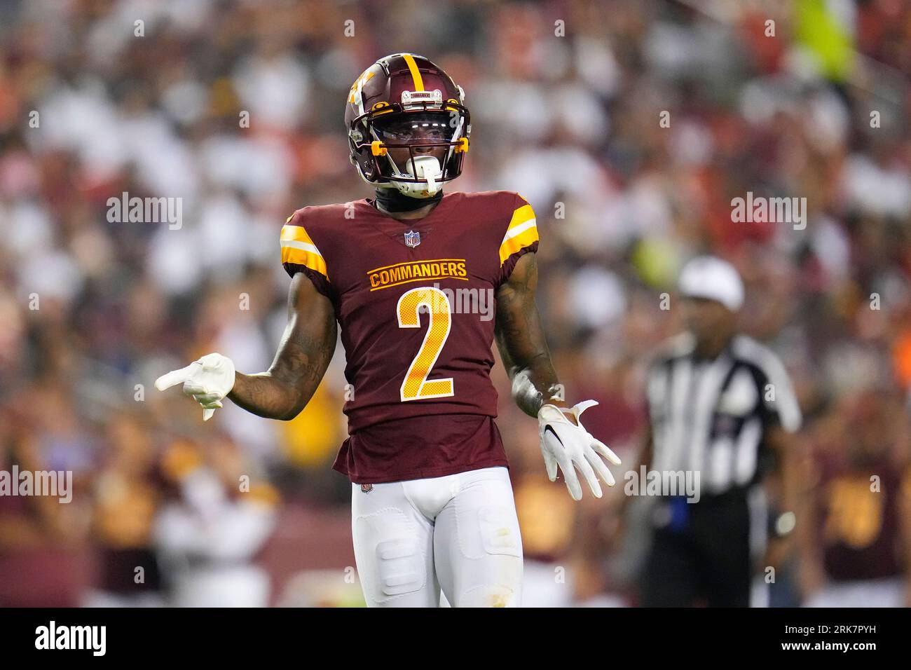 Washington Commanders wide receiver Dyami Brown lines up for a play ...