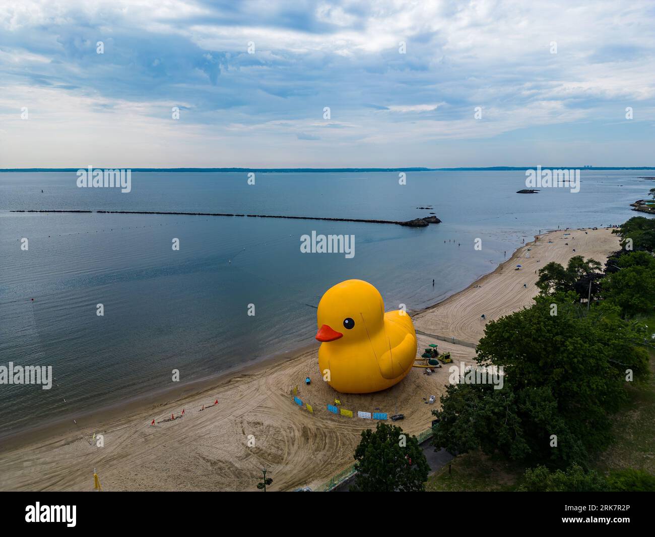 An aerial view of an enormous yellow rubber duck on the beach near the ...