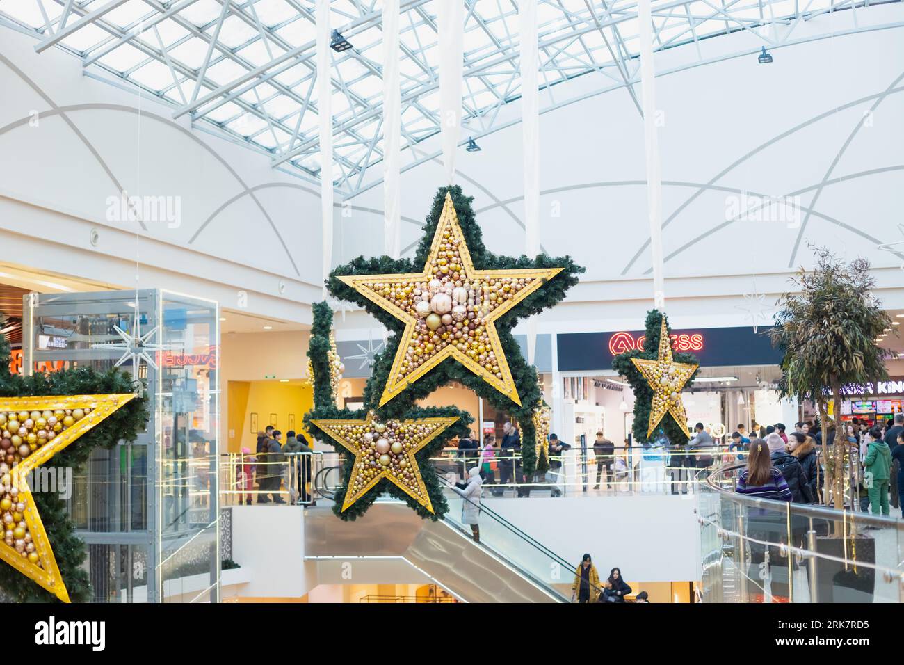 atrium, shopping center hall, christmas shopping mall interior, huge ...