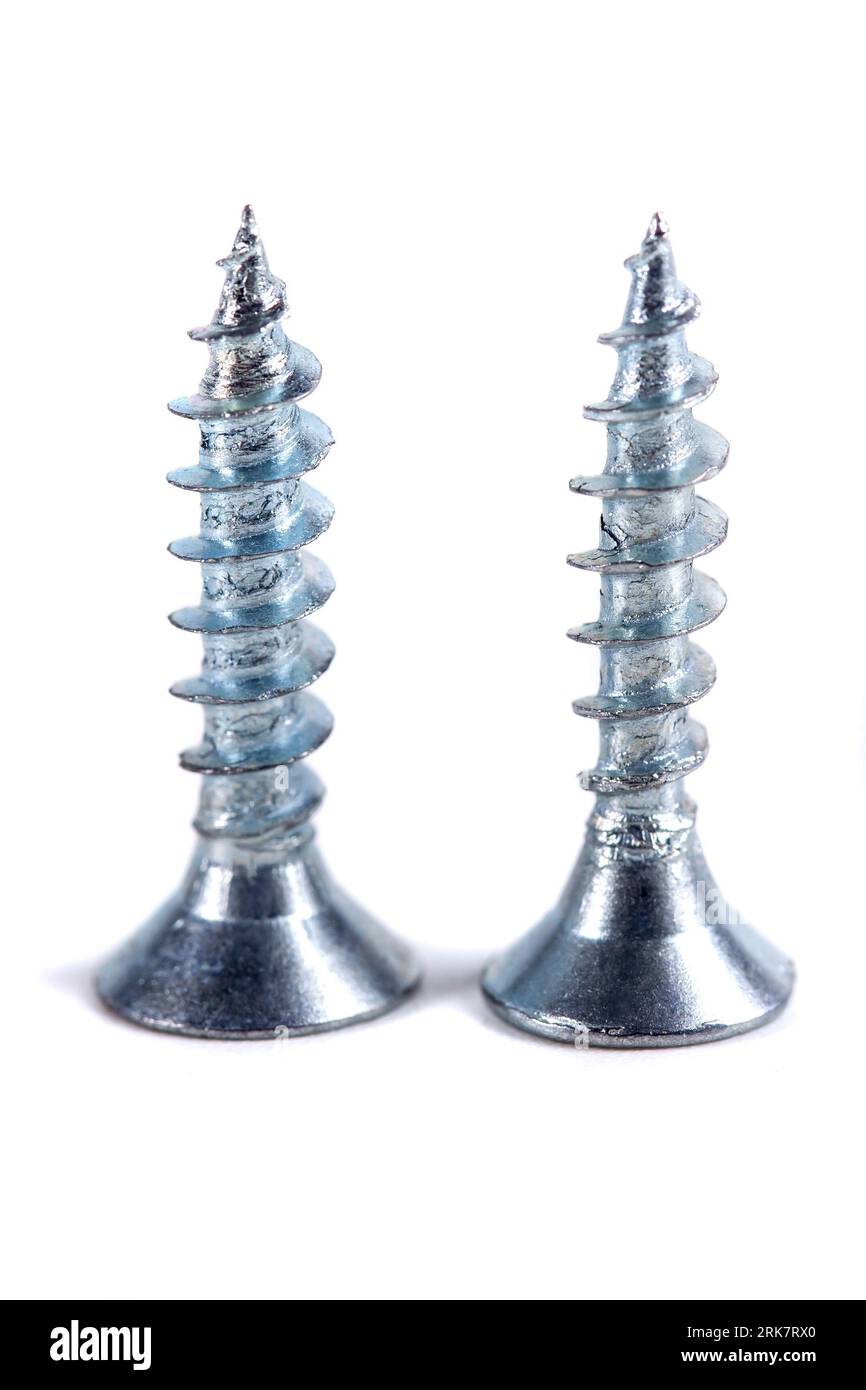 Chrome screw on white background. Self-tapping screws from steel close ...