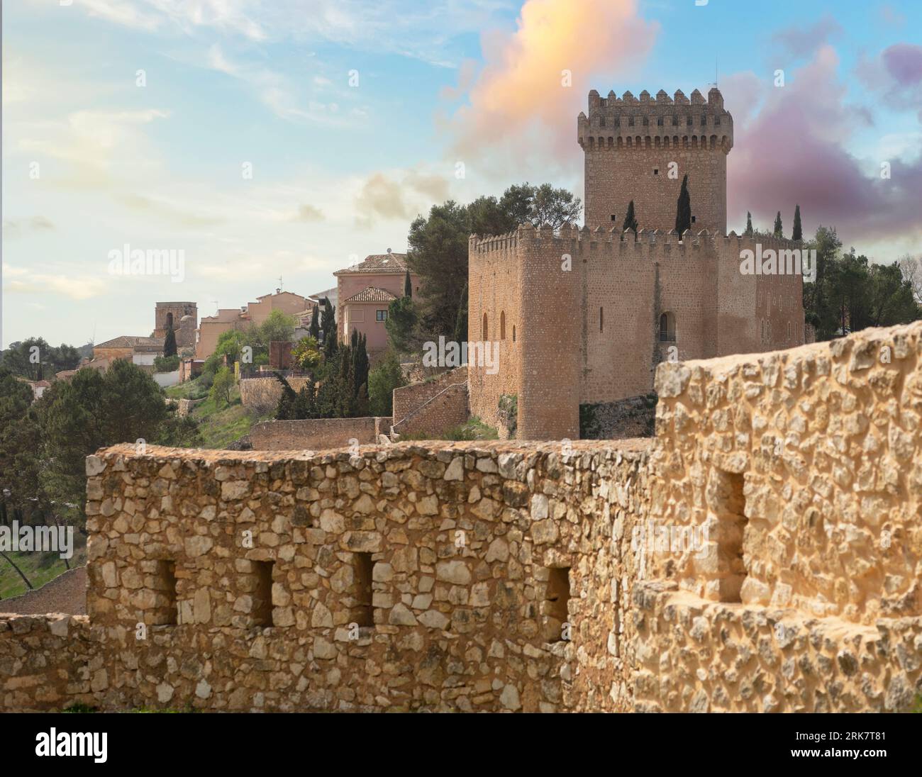 The historic impressive medieval castle of Alarcon, Spain at sunset ...