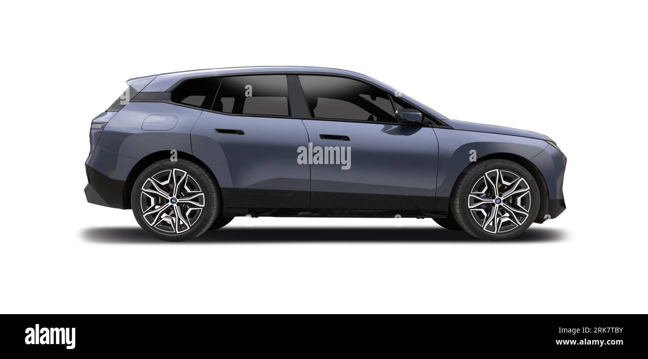 BMW iX xDrive50 electric car side view isolated on white background ...