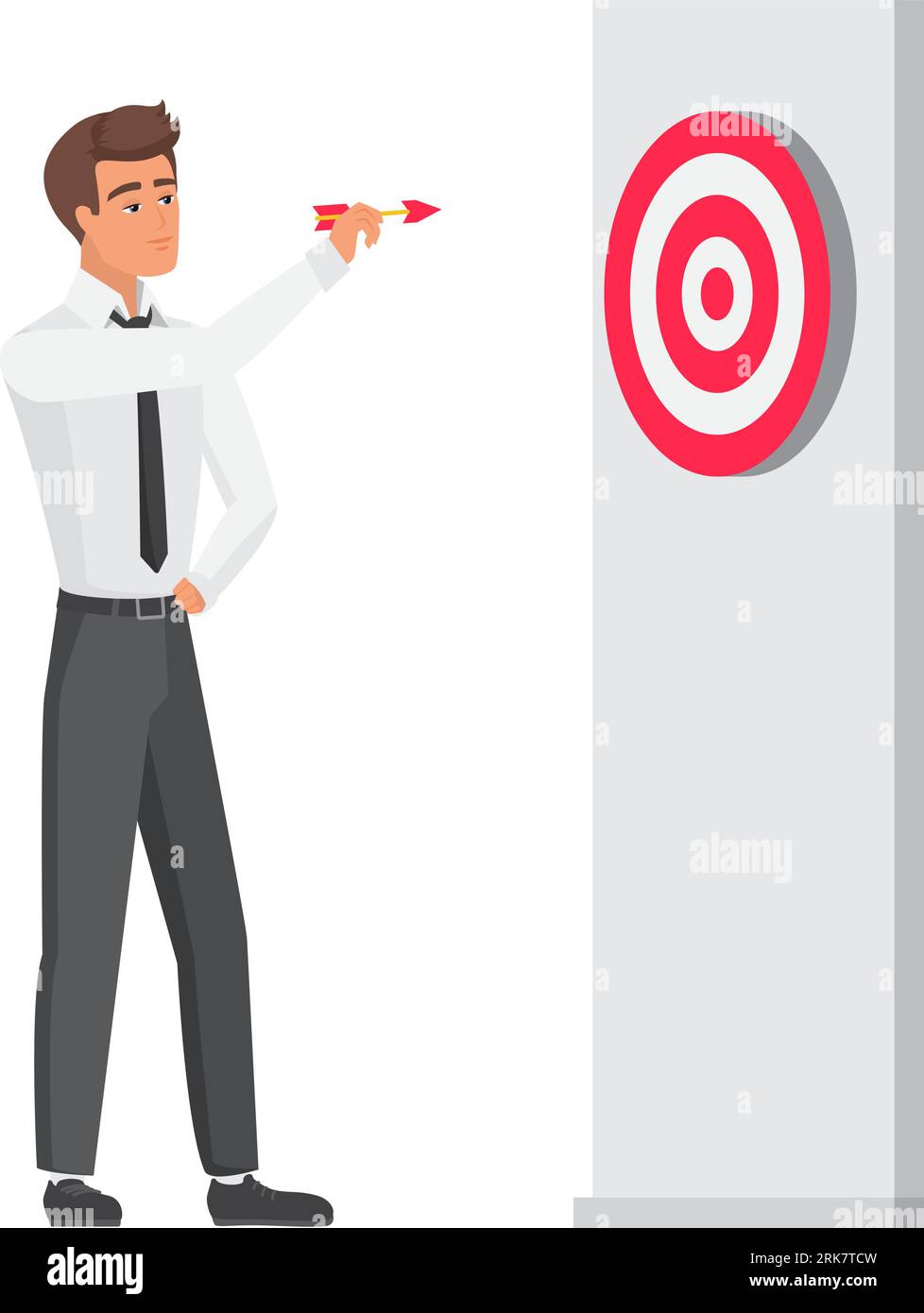 Office employee man setting goal. Businessman playing darts vector ...