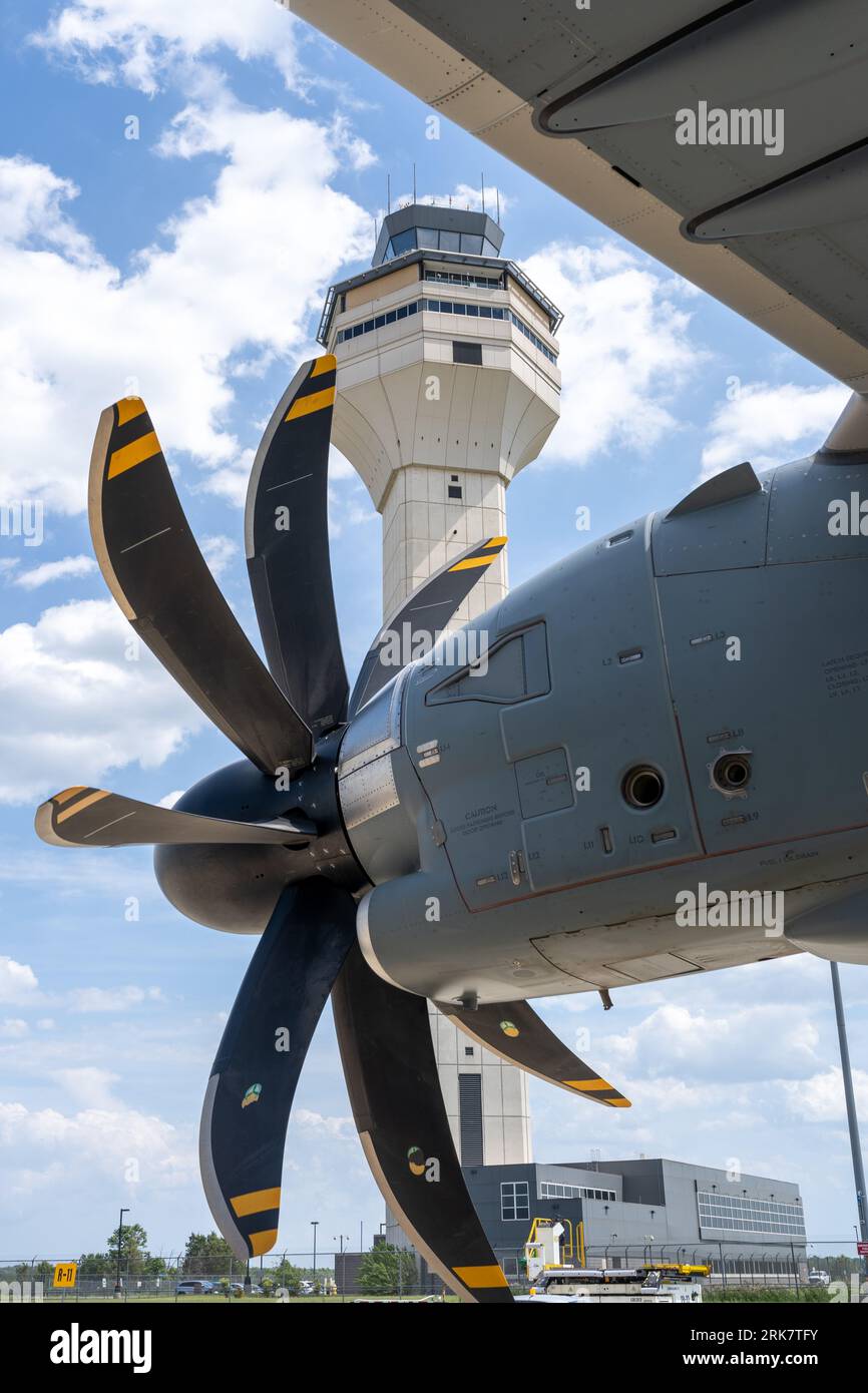 A vertical shot of the aircraft propeller from Airbus A400 in front of ...