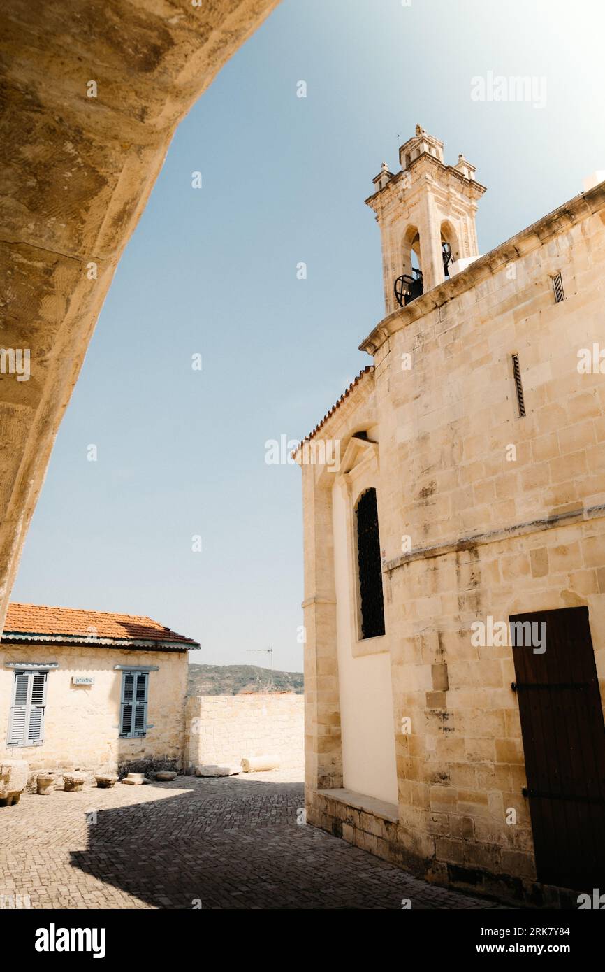 A vertical shot of the historic Holy Cross Church, in Omodos, Cyprus ...