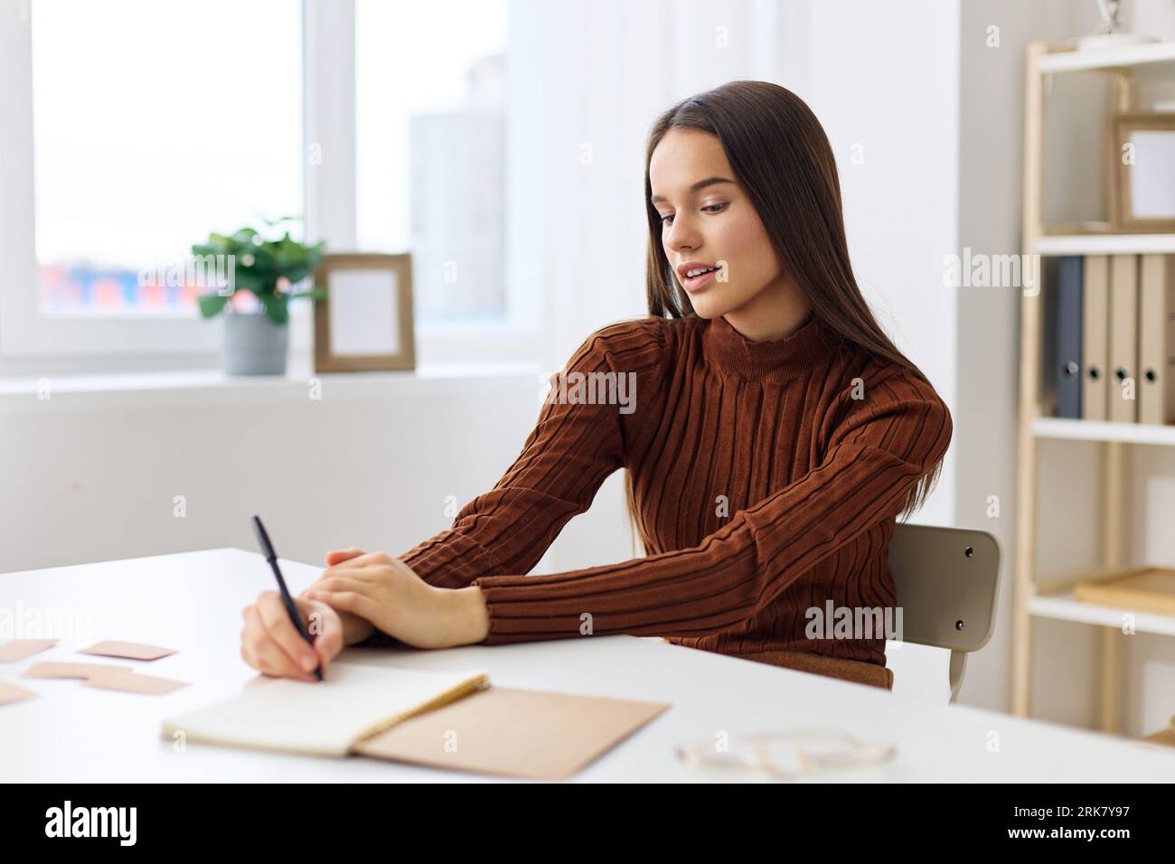 education schoolgirl desk girl teenager notebook student preparation ...