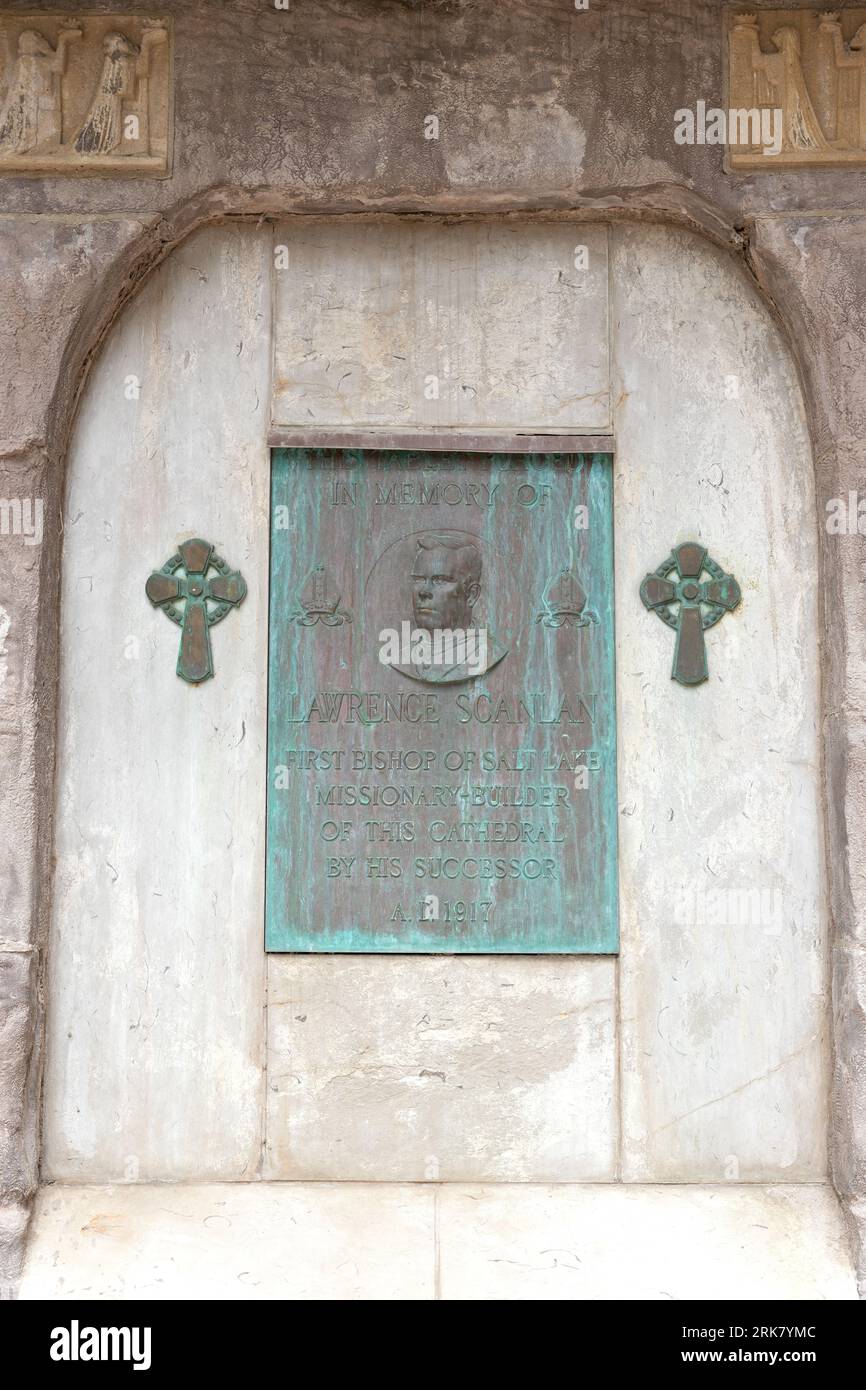 A plaque commemorating Lawrence Scanlan, first bishop of Salt Lake, at ...