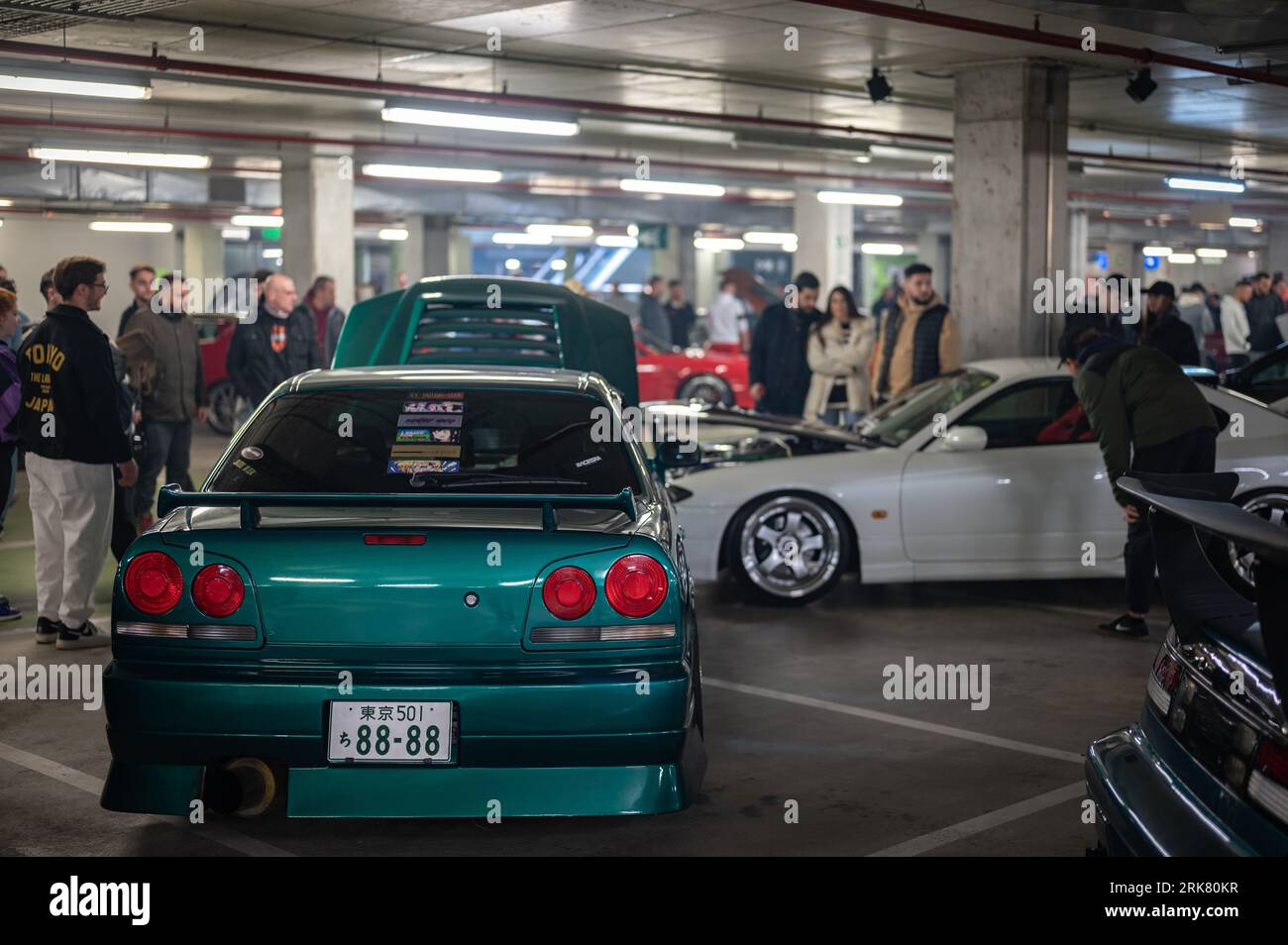 Rear view of a legendary green colored Nissan Skyline GT-R R34 at the ...
