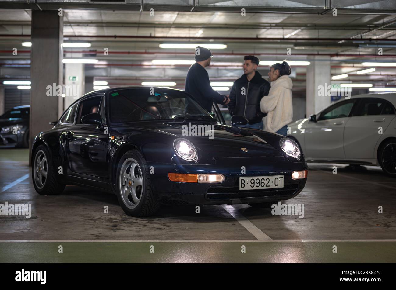 Front view of a classic German sports car, the black colored Porsche ...
