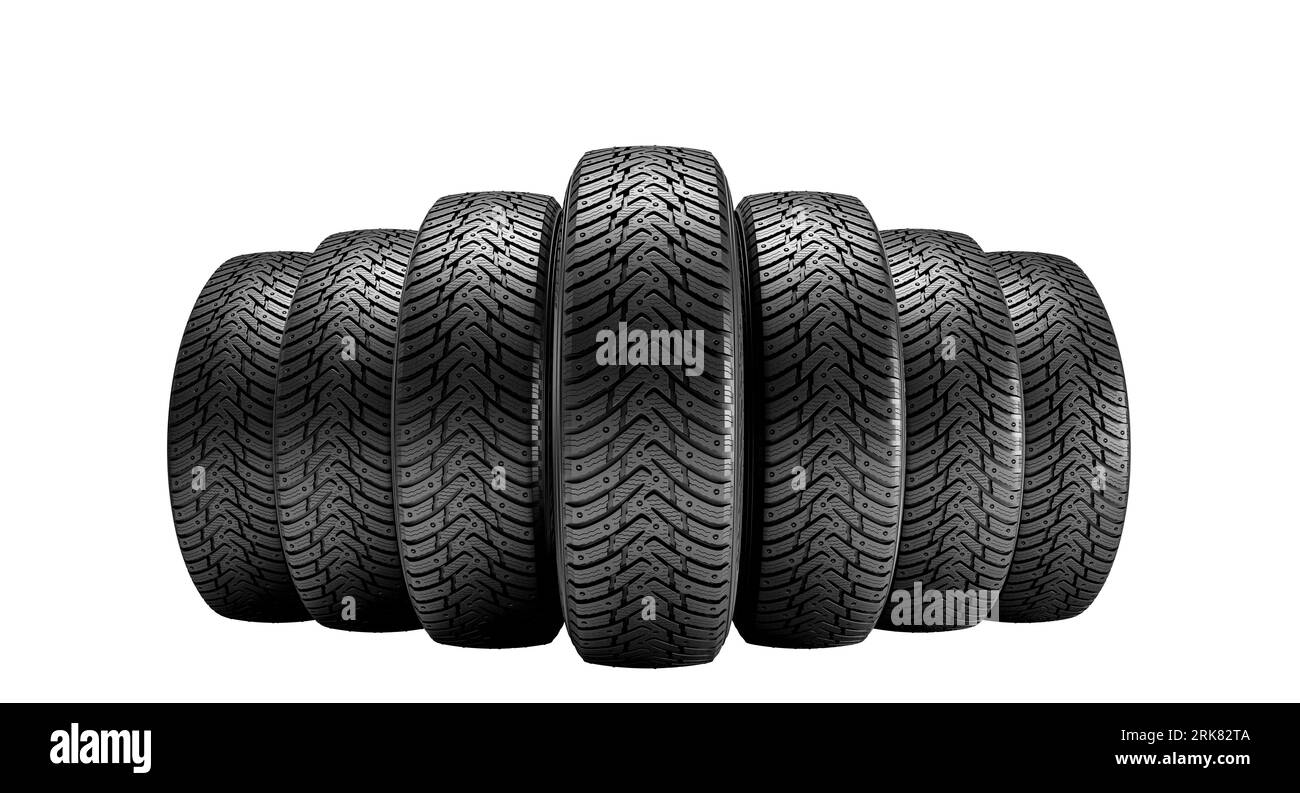 winter tyre set with chrome rim isolated on white front view. 3d render ...