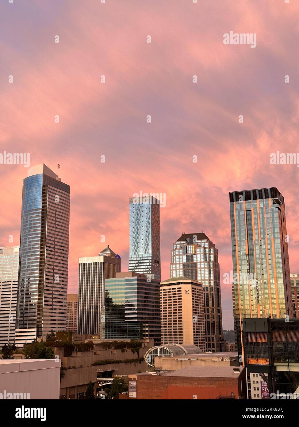 Aerial view of a vibrant pink and purple hued sunrise in Seattle ...