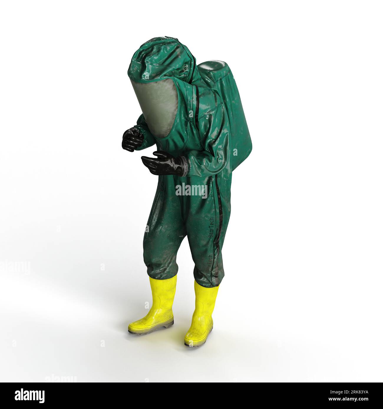 A 3D render of a person in a green chemical hazard suit on a white ...