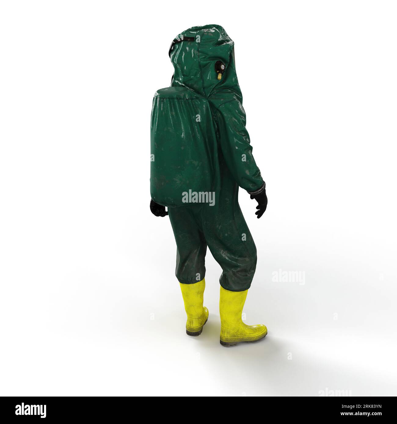 A 3D render of a person in a green chemical hazard suit on a white ...