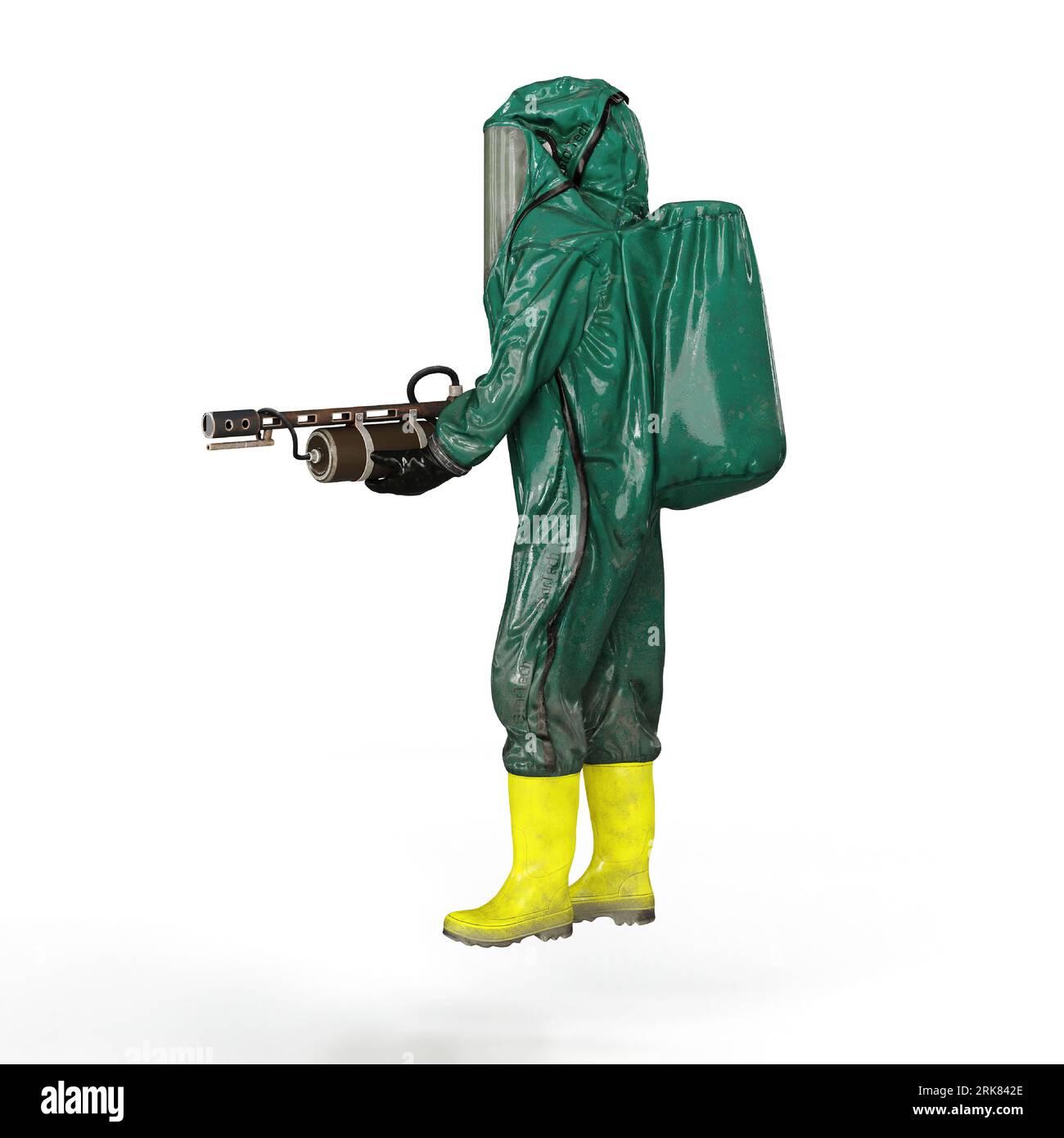A 3D render of a person in a green chemical hazard suit on a white ...