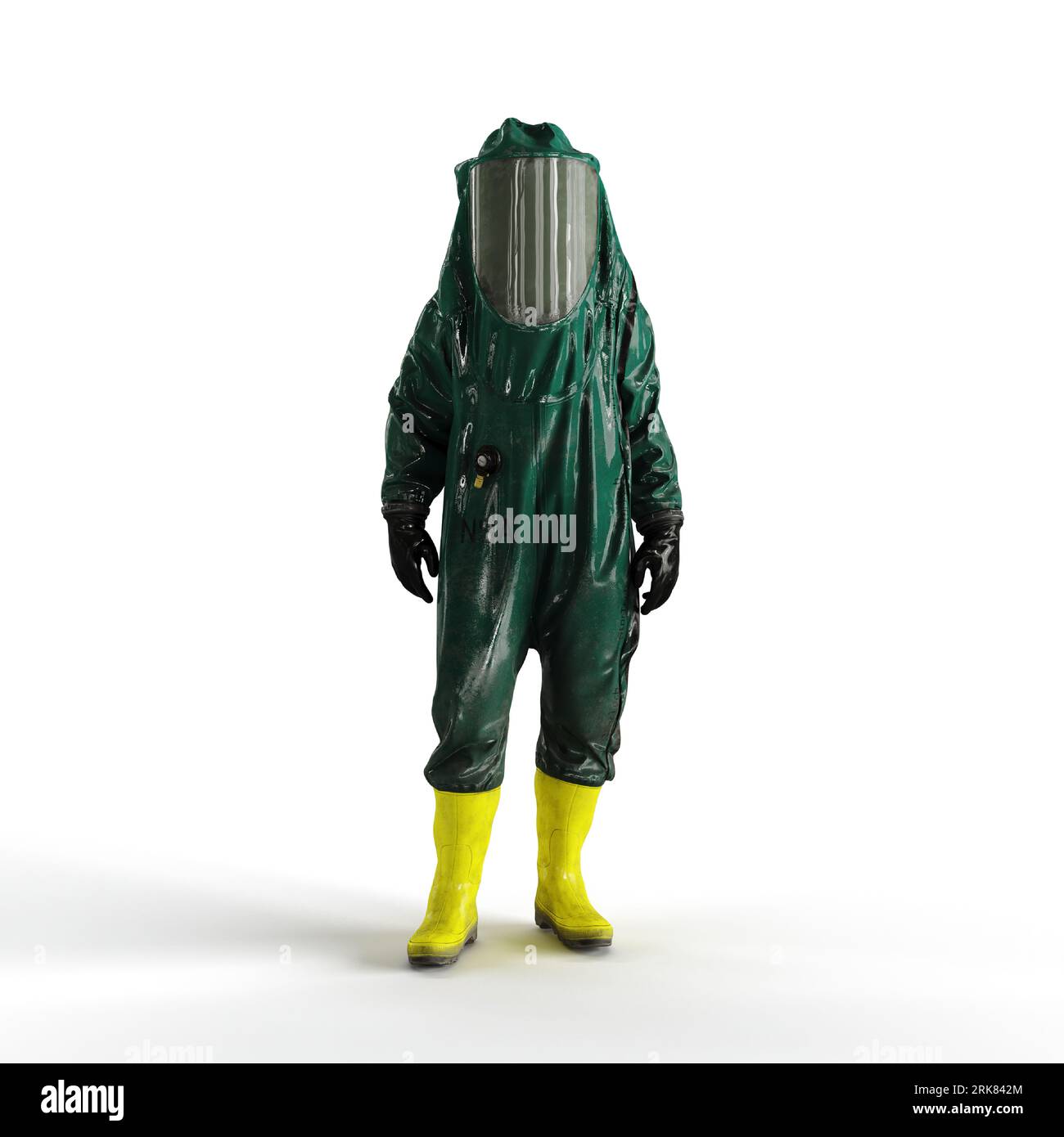 A 3D render of a person in a green chemical hazard suit on a white ...