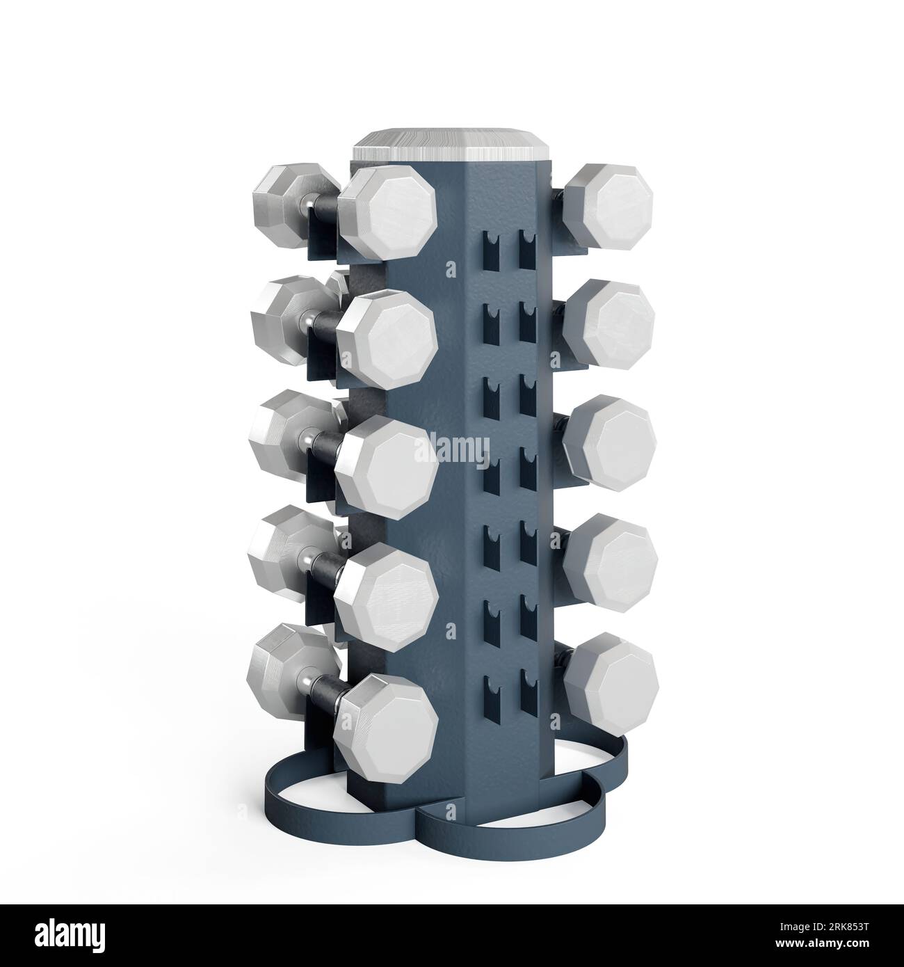 A 3d illustration of a weight training rack with a variety of dumbbells ...