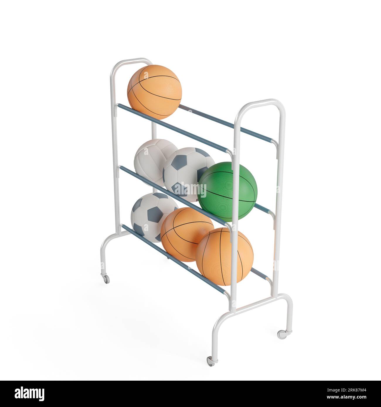 A metal storage rack filled with a colorful selection of sport balls ...