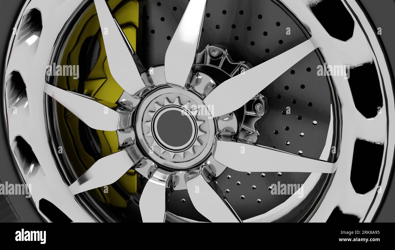 Steel car disc on wheel, disc brakes. Cast disc of car. 3d render Stock ...