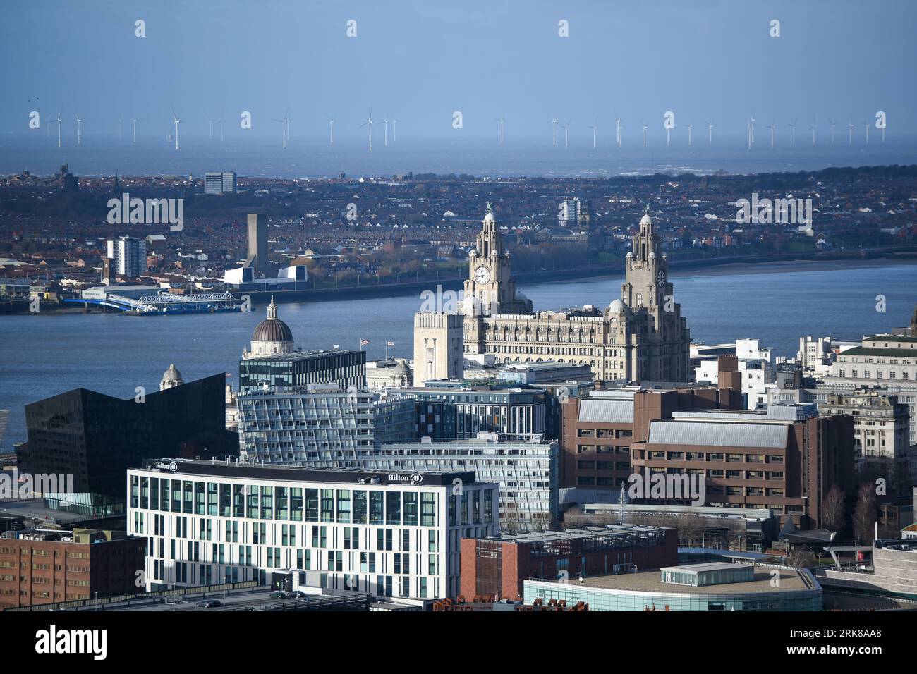 Aerial view of the city of Liverpool, England with its iconic skyline ...