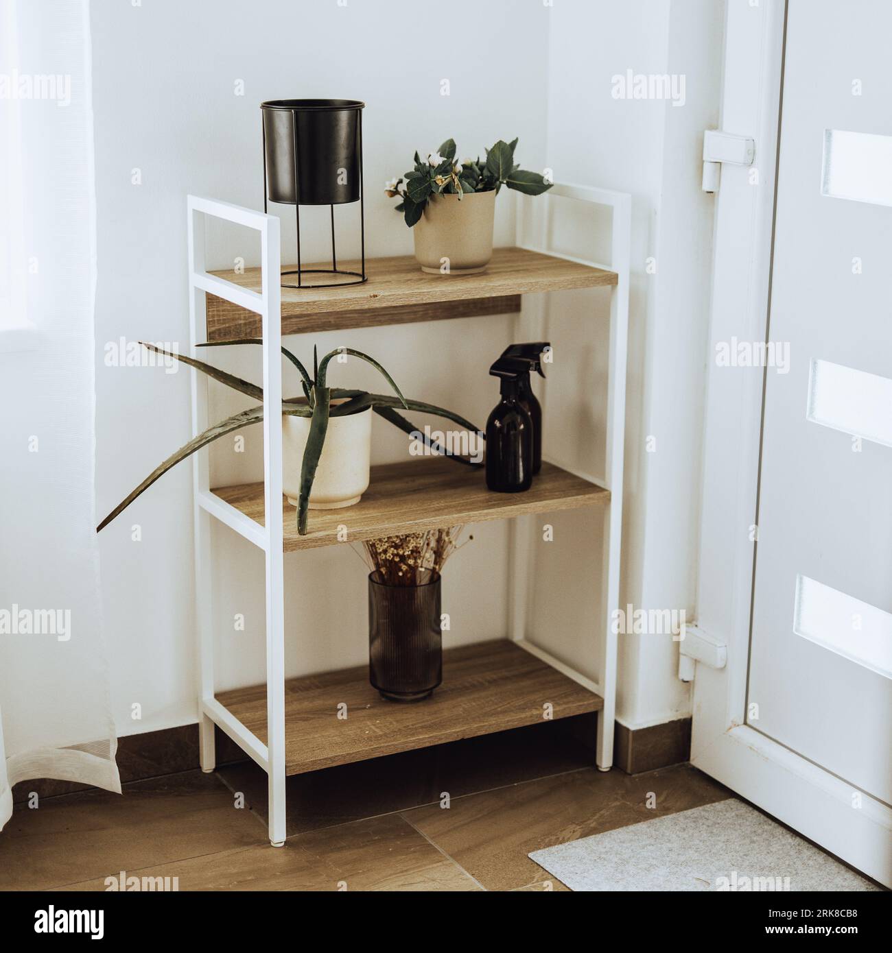 An aesthetically pleasing shelf placed next to a door, with two potted ...