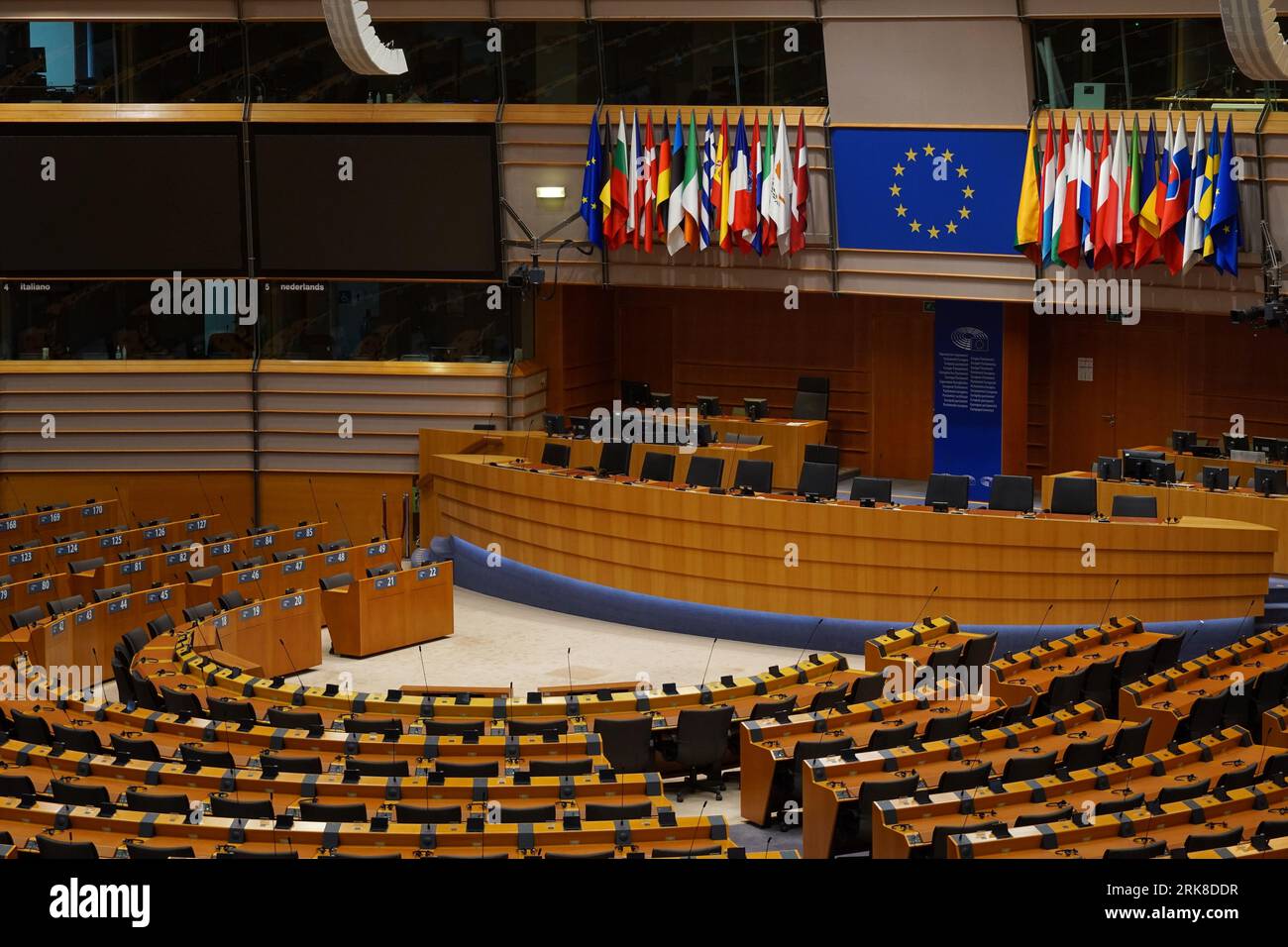 This image is of the European Parliament chamber, featuring an array of ...