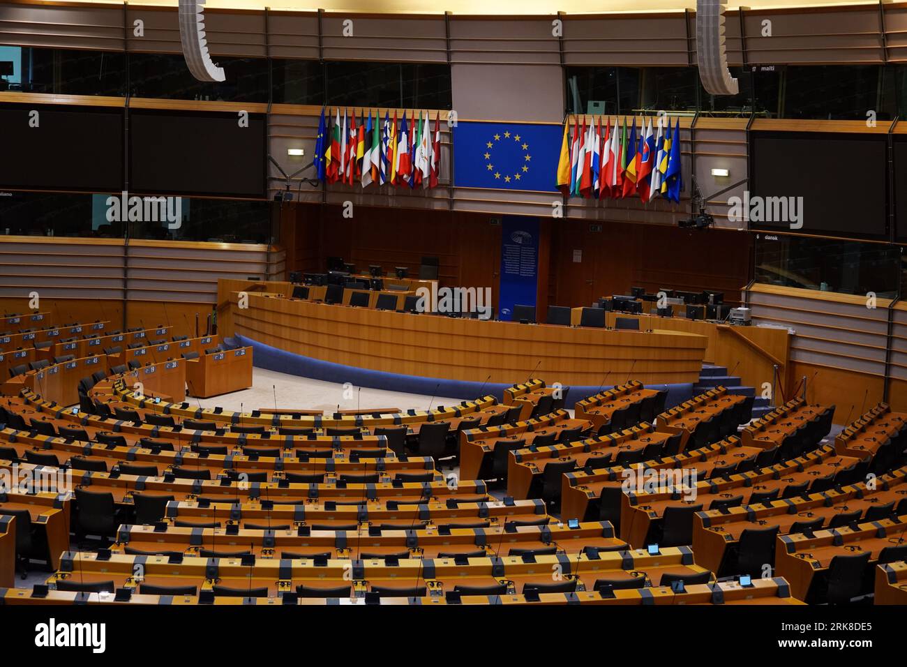 This image is of the European Parliament chamber, featuring an array of ...