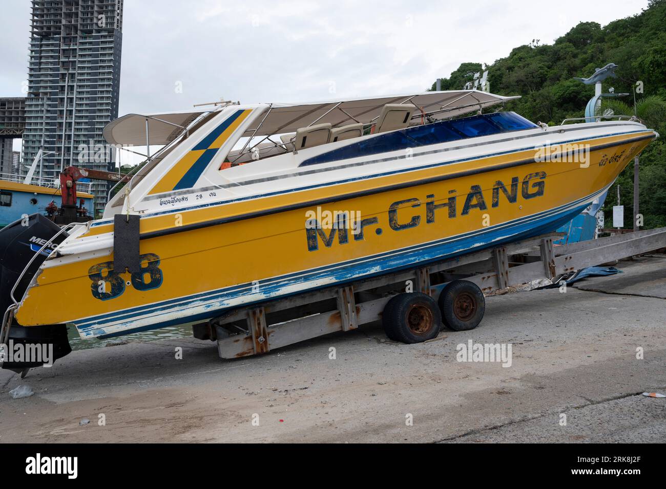 A speedboat on a trailer ready for transportation Stock Photo - Alamy