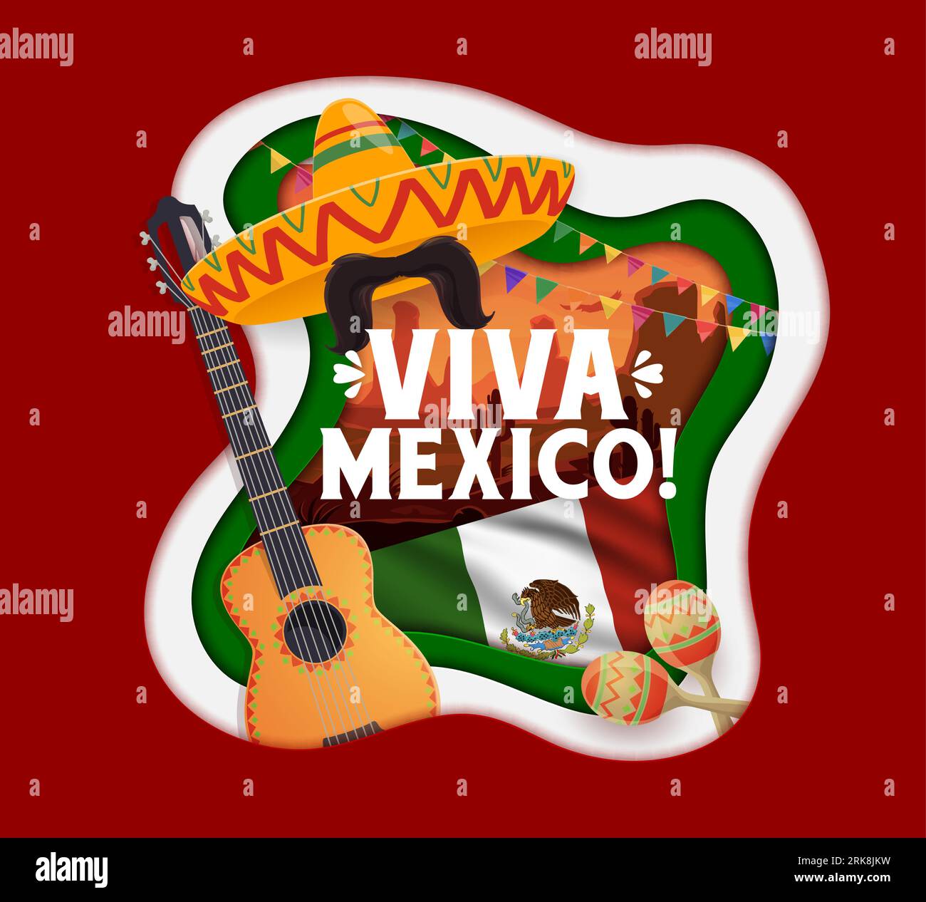 Viva Mexico paper cut banner with national Mexican flag, sombrero ...