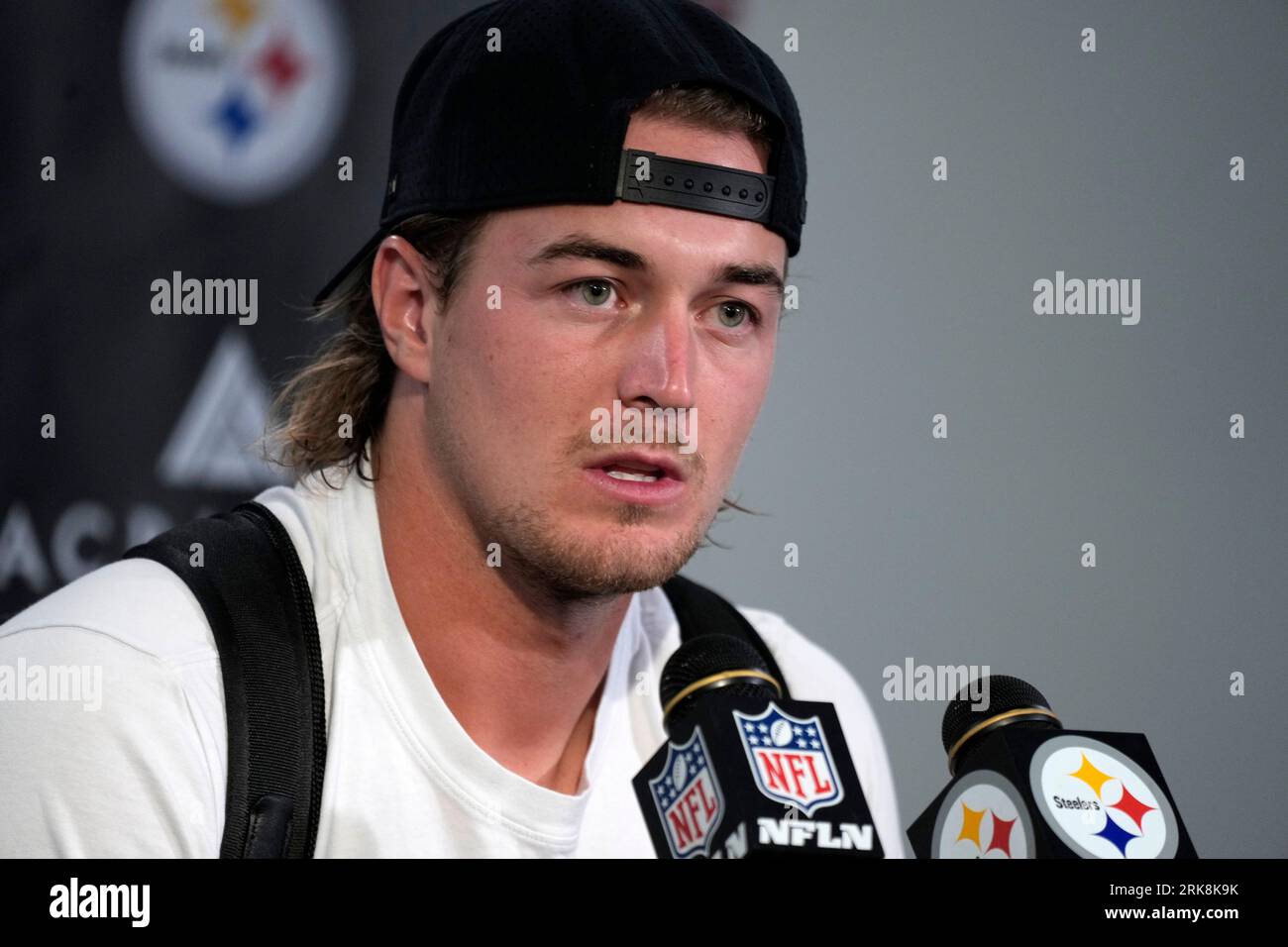 Pittsburgh Steelers quarterback Kenny Pickett (8) talks with reporters ...