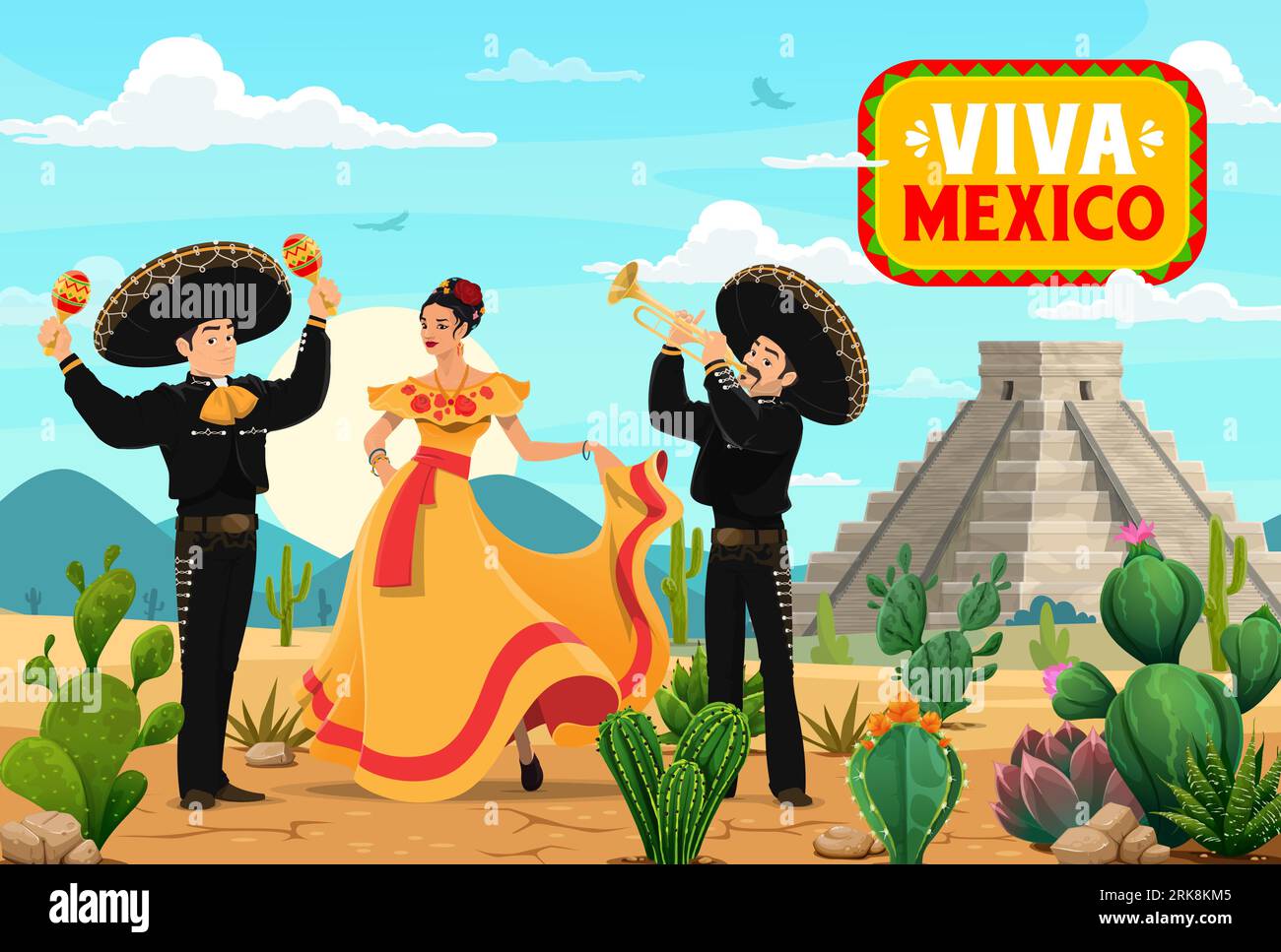 Viva Mexico. Mexican mariachi musician and woman dancer characters at ...