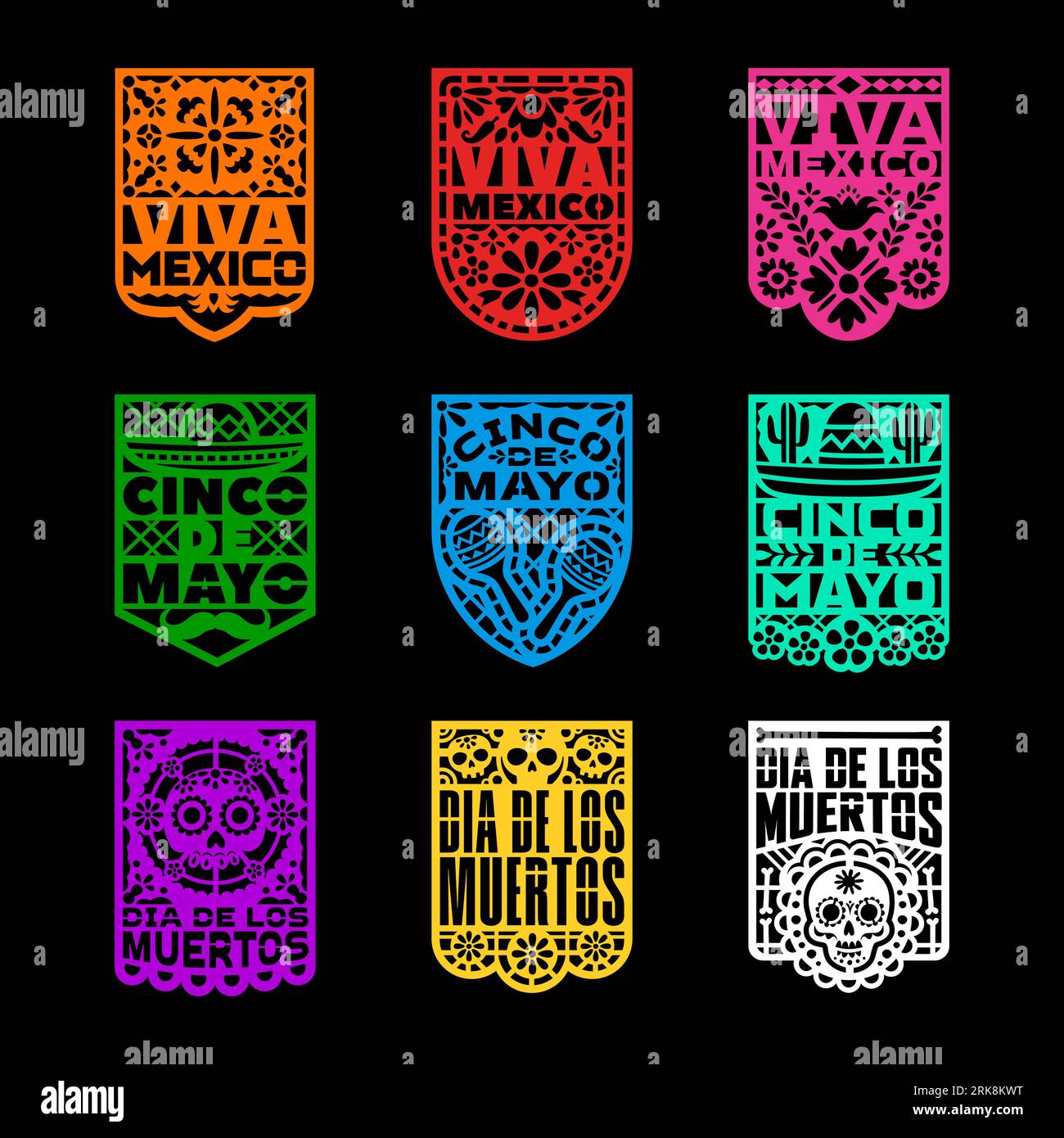 Mexican holiday papel picado paper cut flags and banners for fiesta ...