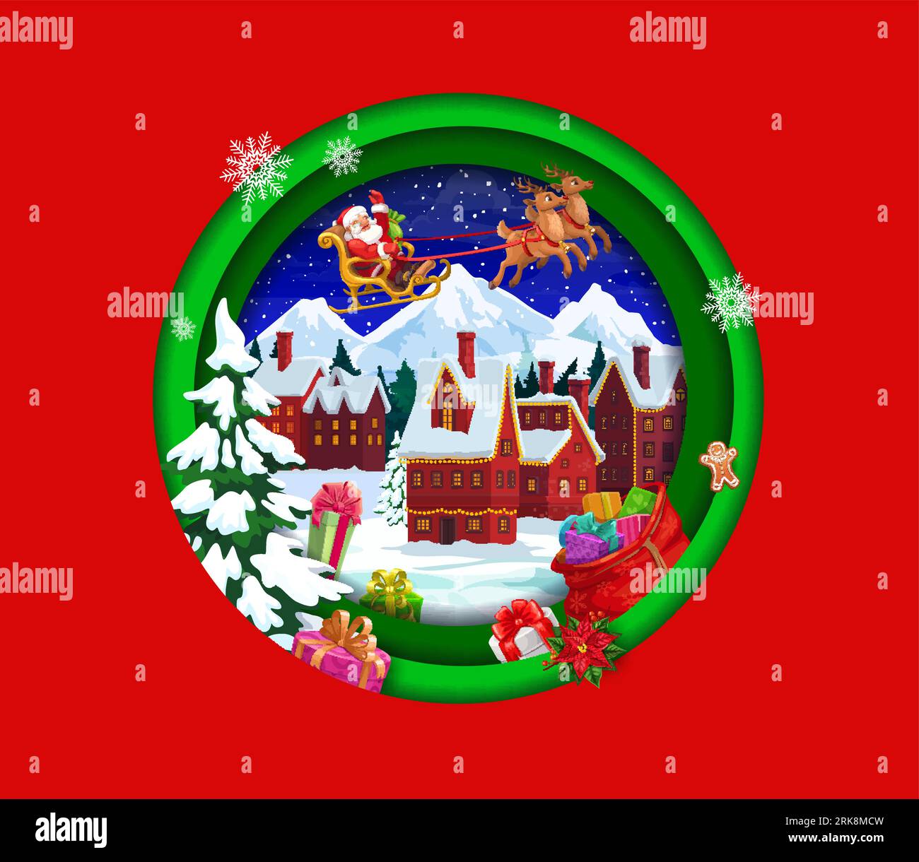 Christmas paper cut cartoon flying santa on sleigh, winter forest and ...