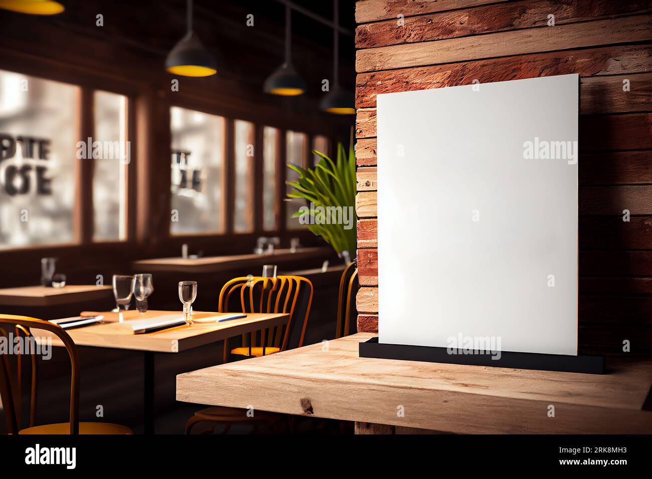 Mockup label, blank menu frame in Bar restaurant. Stand for booklets ...