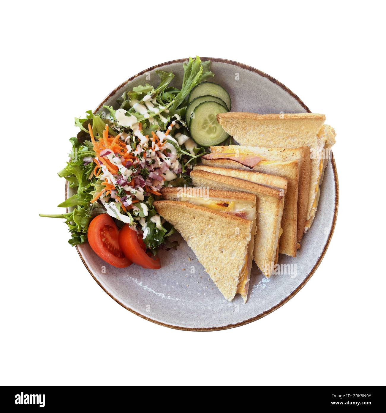 Green lettuce salad leaves, sandwiches, tomato, cucumber, bread sauce ...