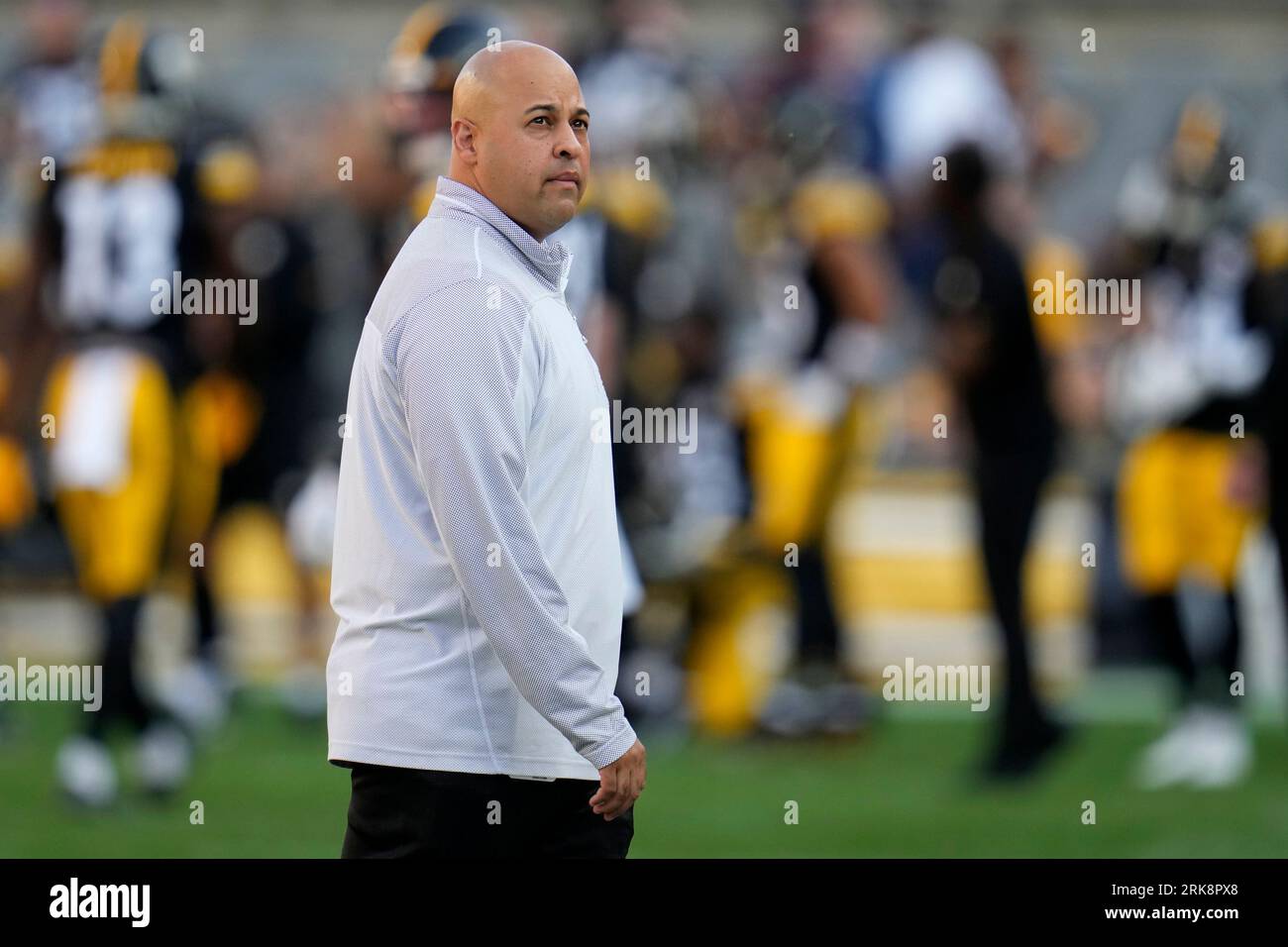 Pittsburgh Steelers general manager Omar Khan watches warm ups before ...