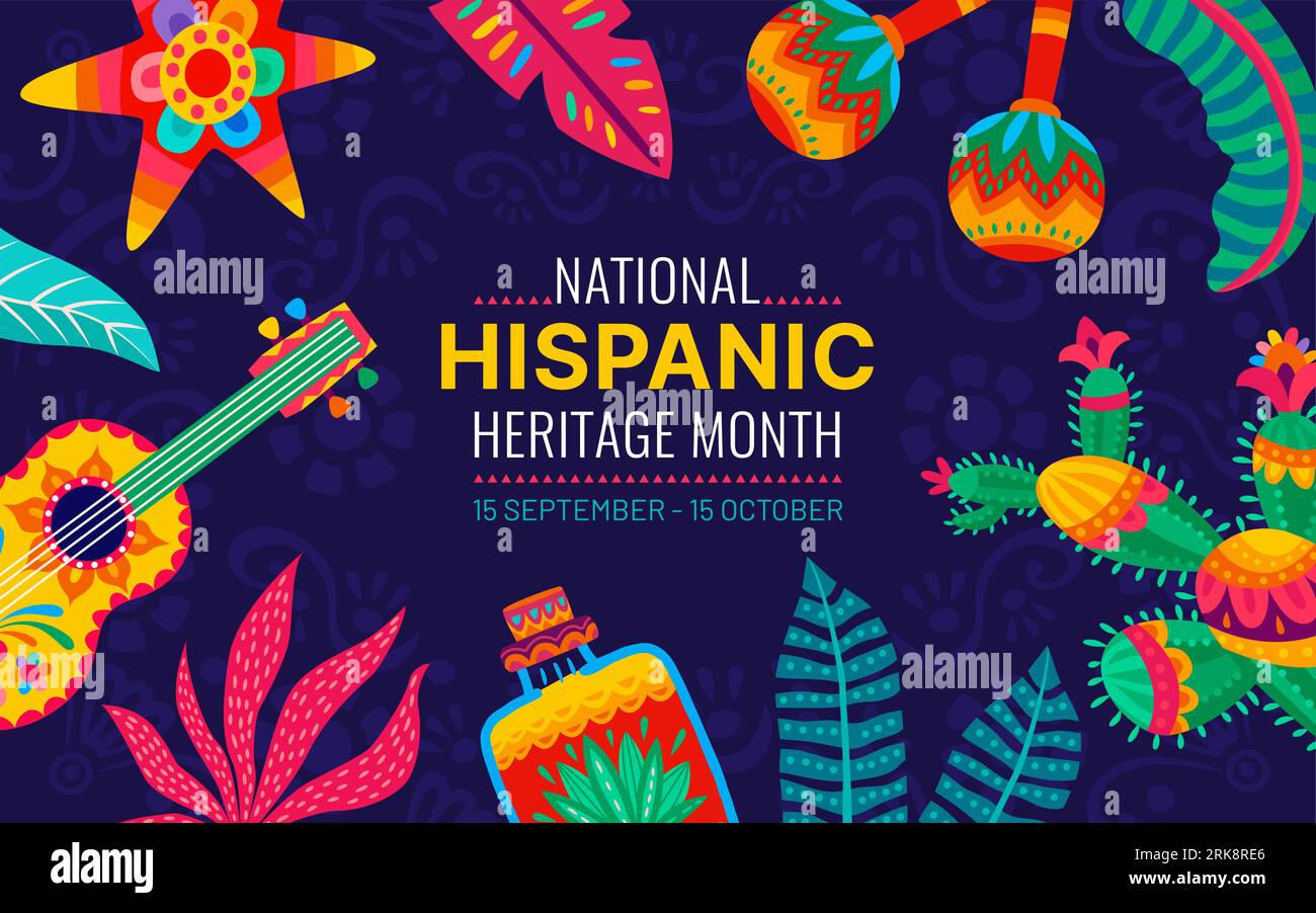 National Hispanic heritage month festival flyer with cactus, guitar, maracas, pinata and ...