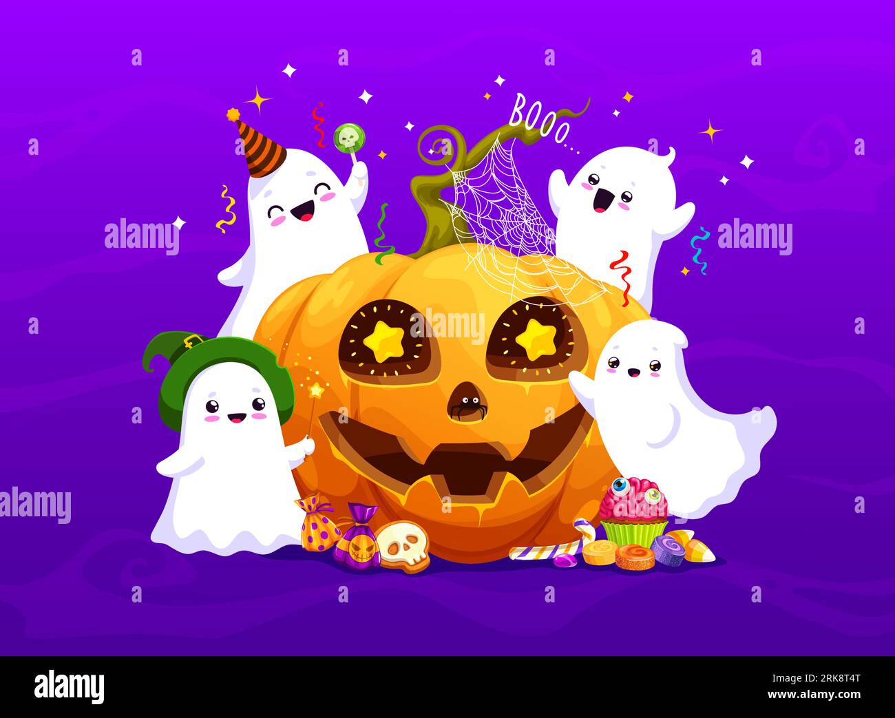 Halloween kawaii ghosts characters and funny pumpkin with sweets. Trick ...
