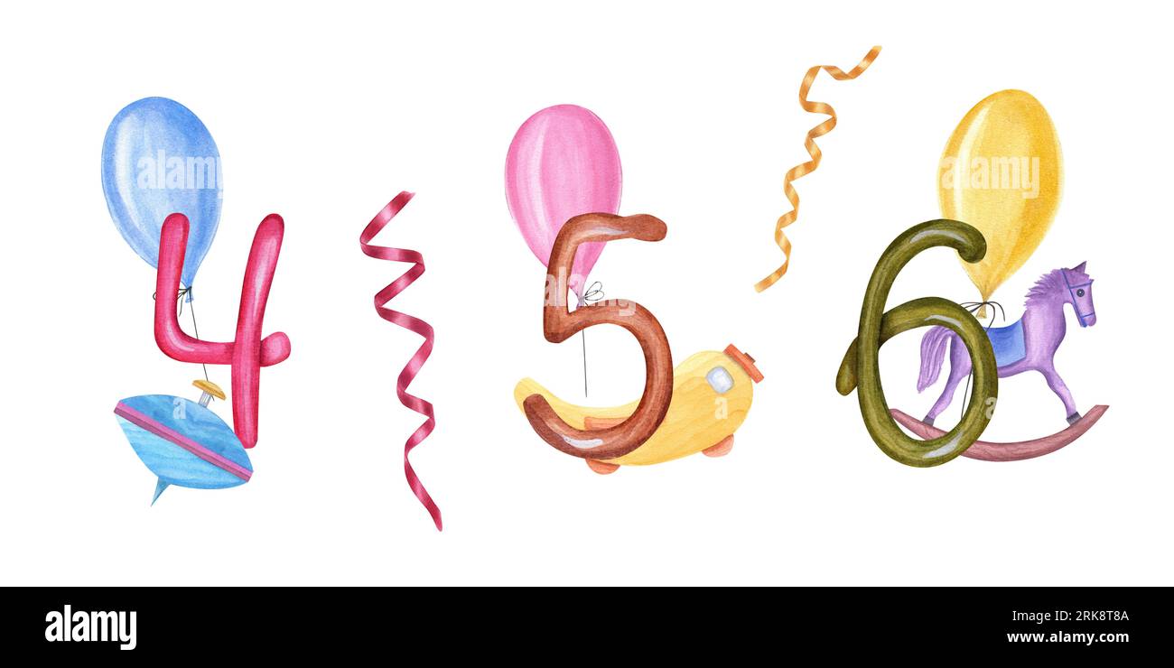 Numbers from 4 to 6 with kid wood toys and colors balloons. Horse, car ...