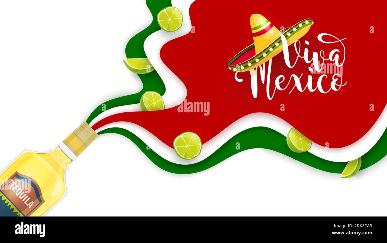 Viva Mexico paper cut banner with Mexican sombrero, tequila and limes ...