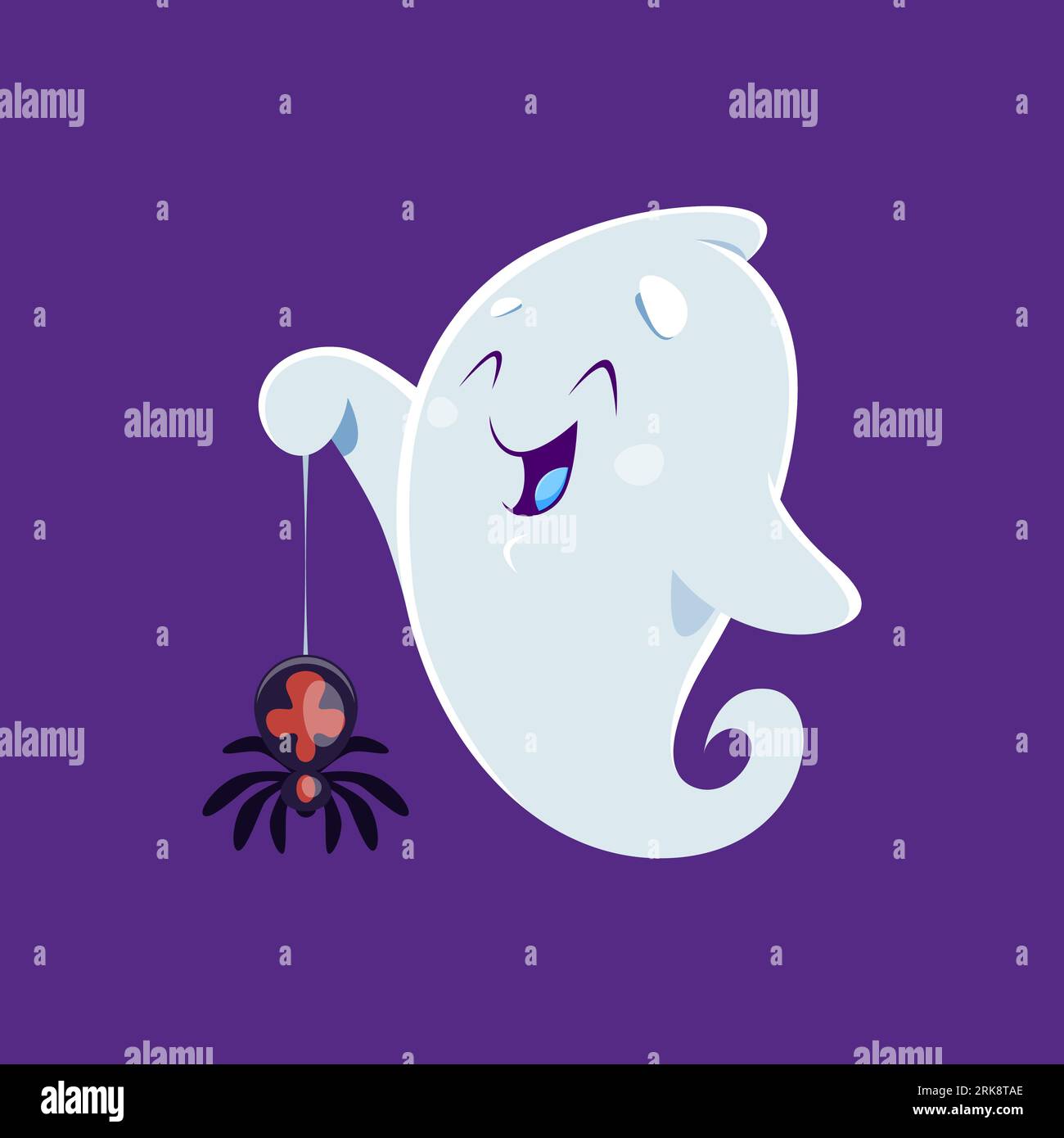 Cartoon cute kawaii Halloween ghost monster character holds a spider ...