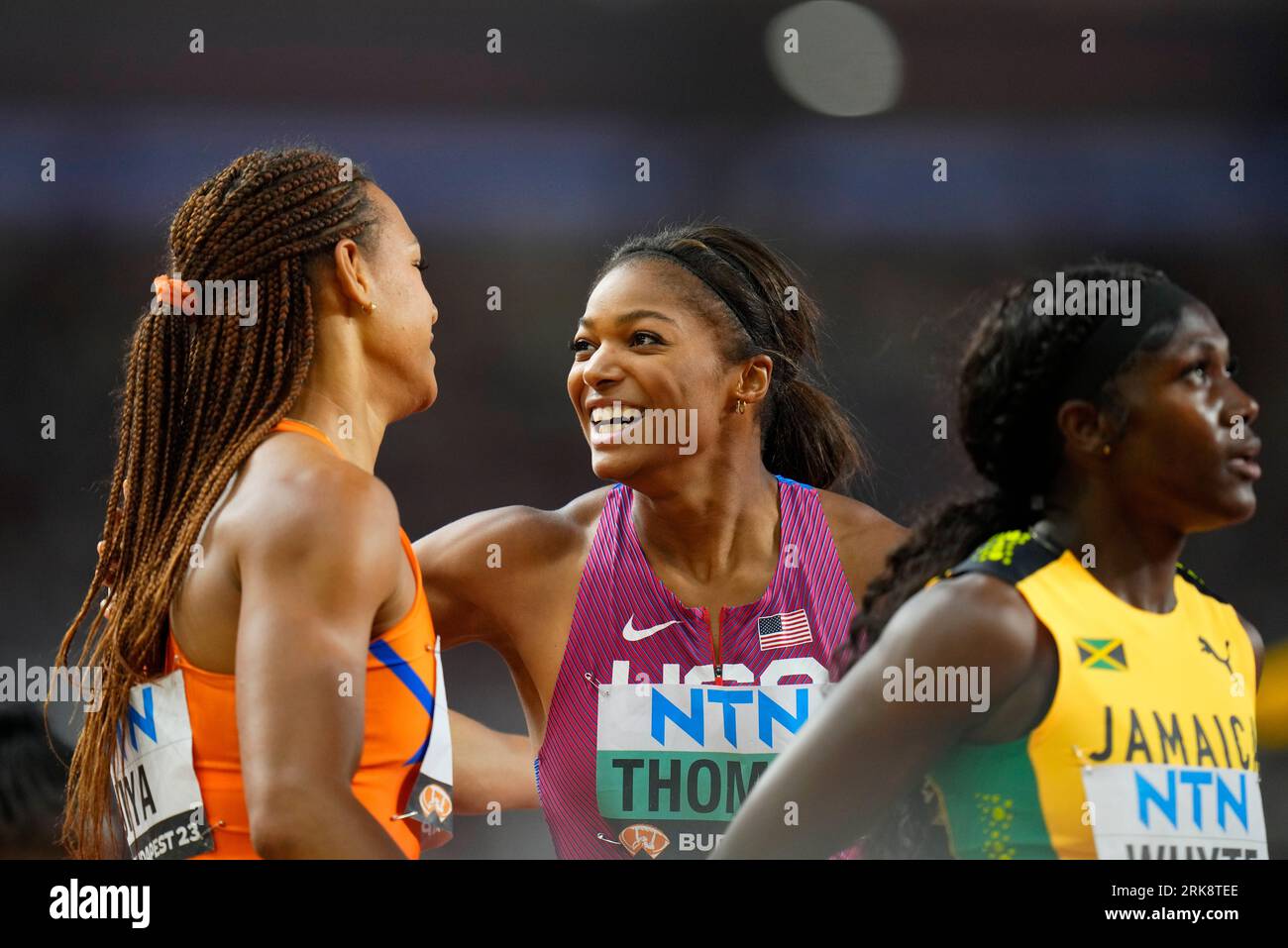 Gabrielle Thomas, of the United States smiles after finishing a Women's ...